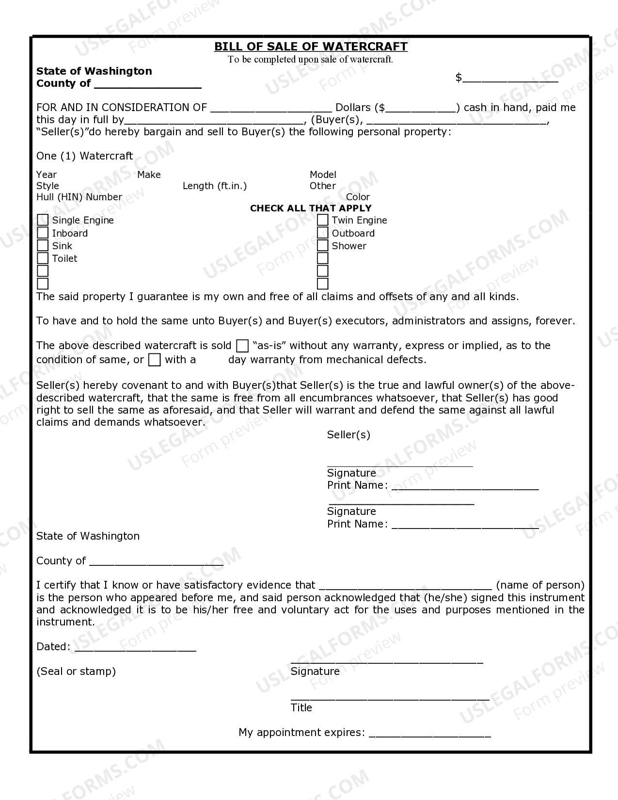 Washington Bill of Sale for WaterCraft or Boat - Bill Of Sale Boat | US ...