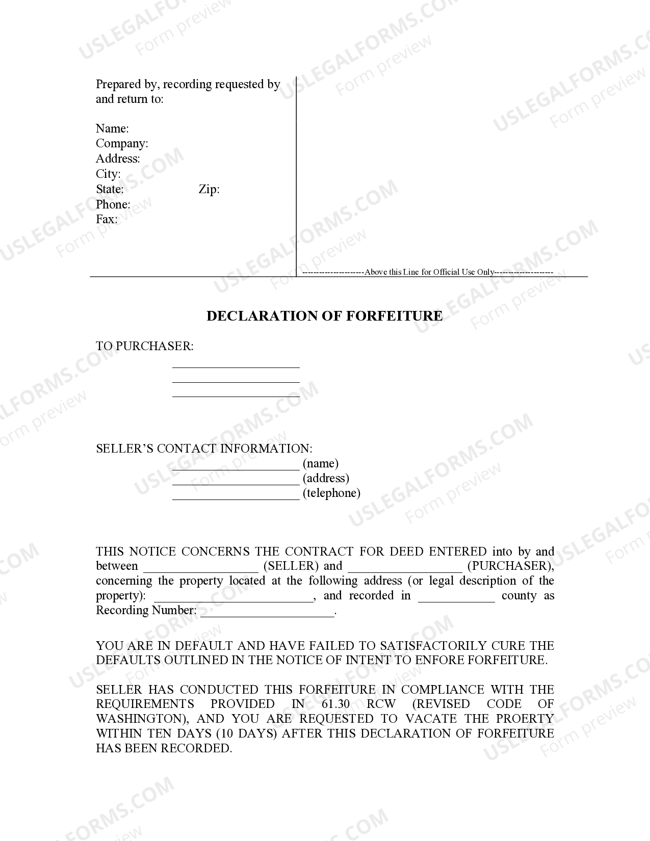 Washington General Notice of Default for Contract for Deed | US Legal Forms