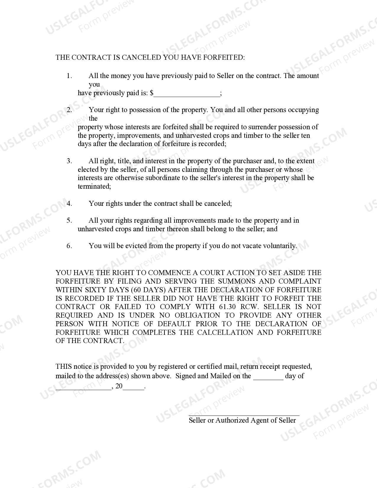 Washington General Notice of Default for Contract for Deed | US Legal Forms