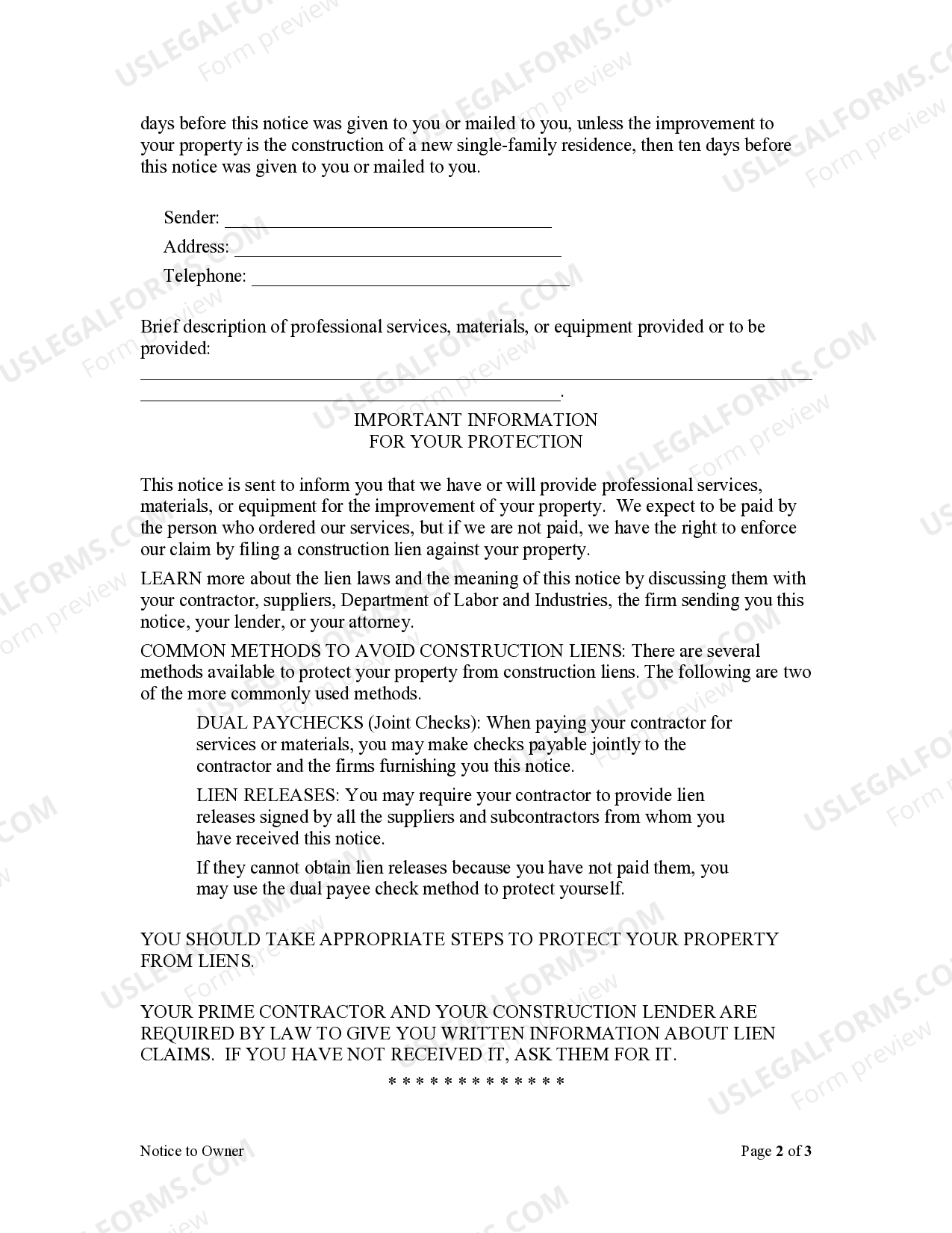 Washington Notice to Owner - Individual - Mechanics Liens | US Legal Forms