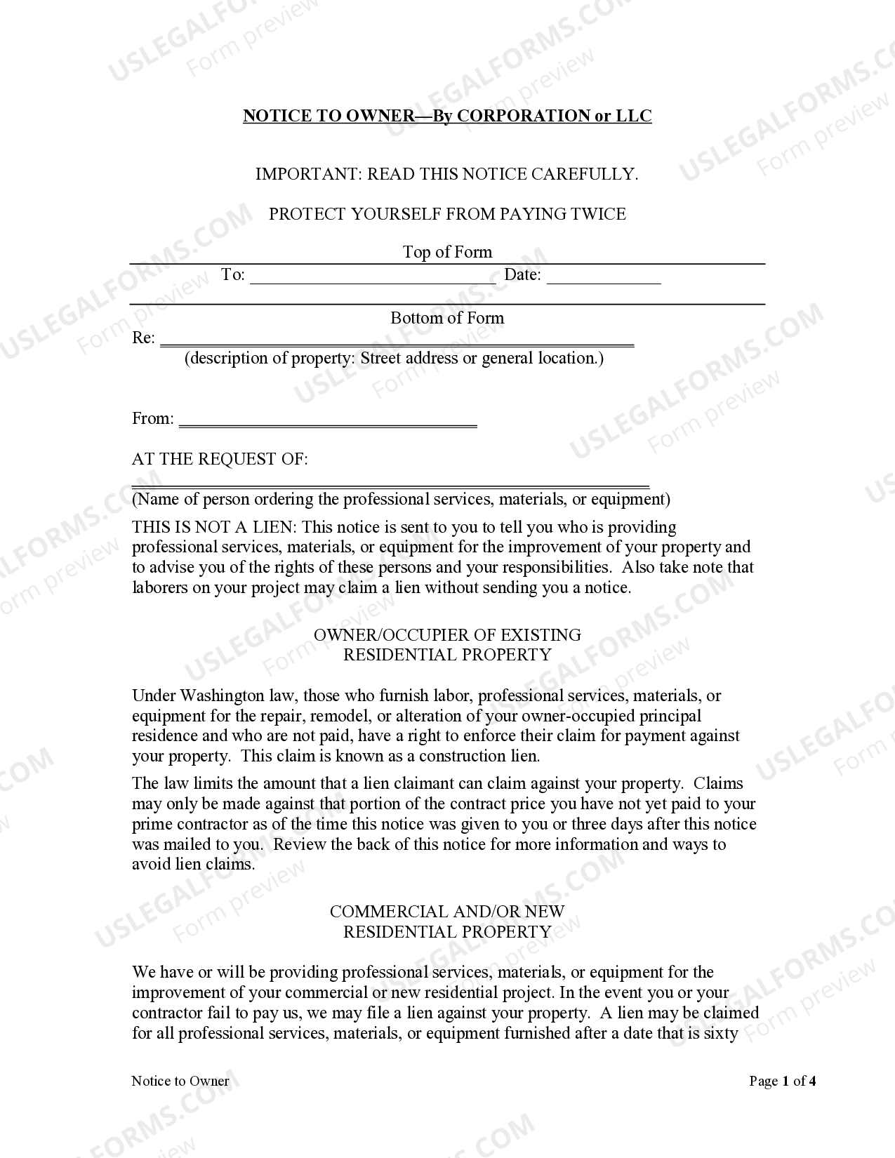 Washington Notice To Owner Form | US Legal Forms