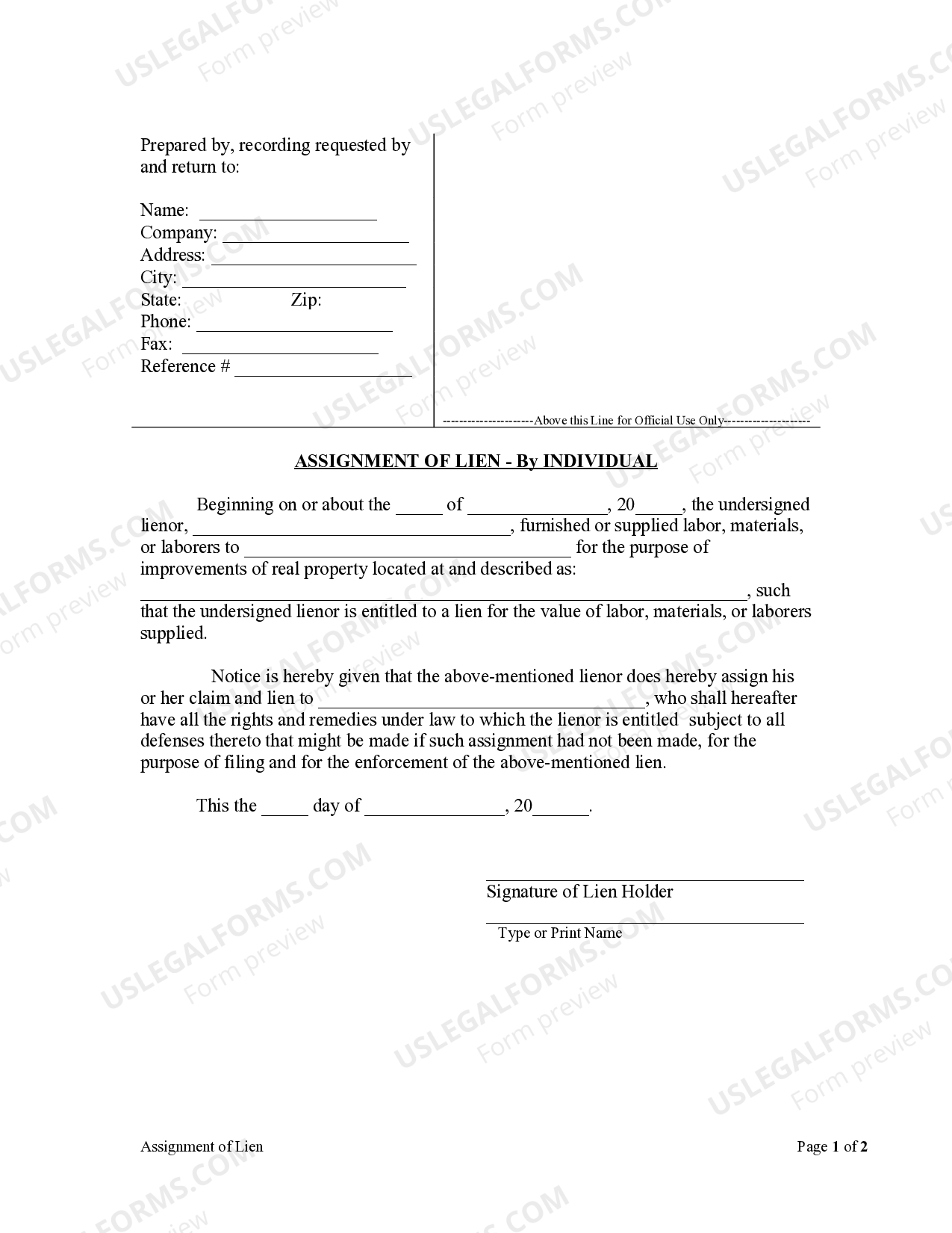 Washington Assignment of Lien - Individual | US Legal Forms