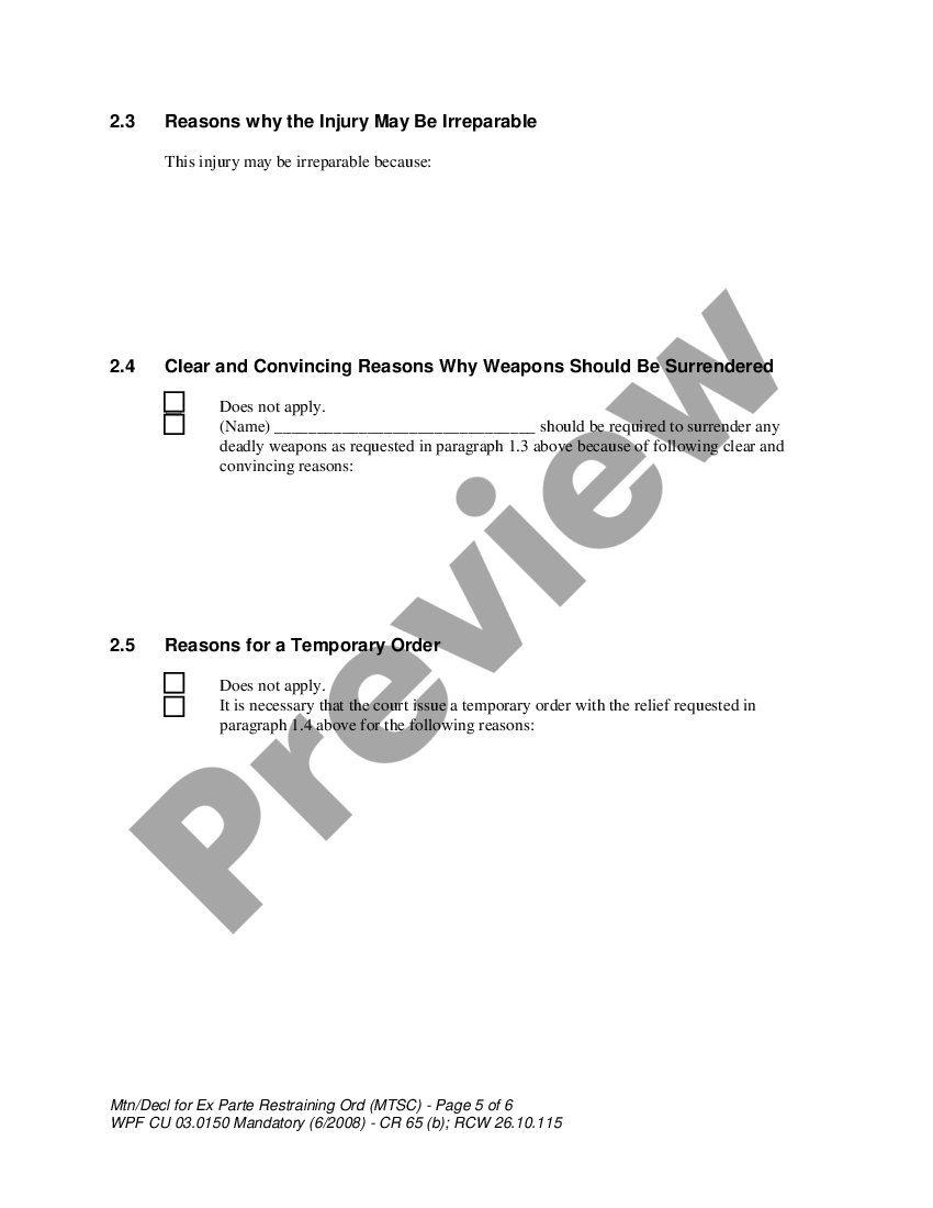 Washington WPF CU 03 0150 Motion Declaration For Ex Parte 