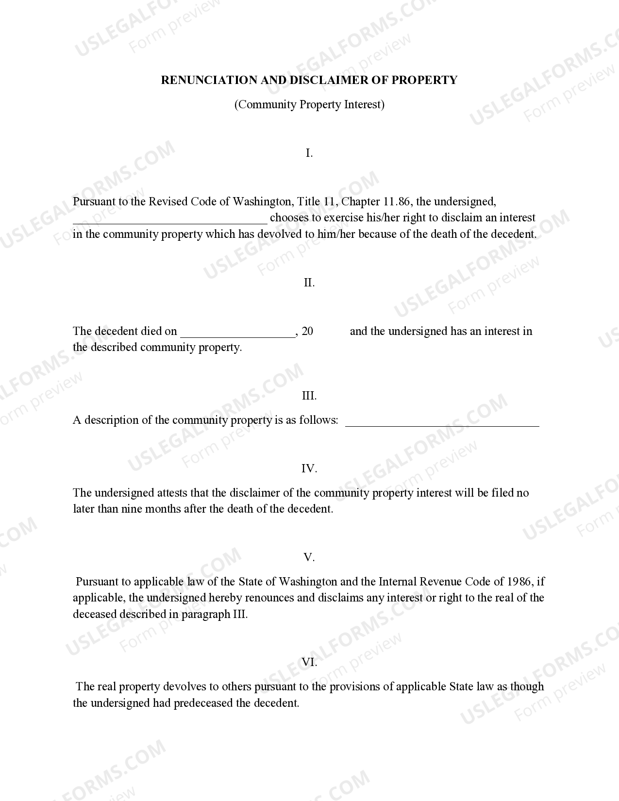 Washington Renunciation And Disclaimer of Real Property Interest | US ...