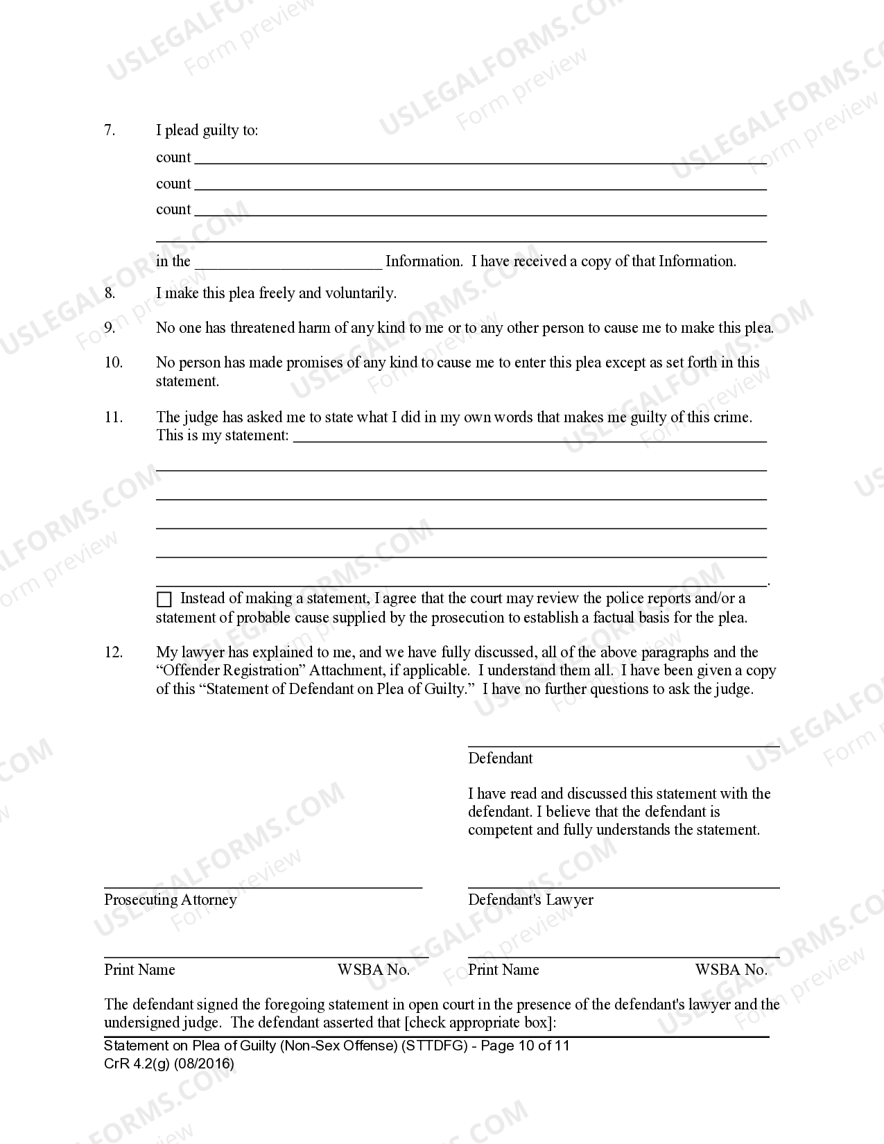 Washington CrR 4.2g - Statement of Defendant on Plea of Guilty to Non ...