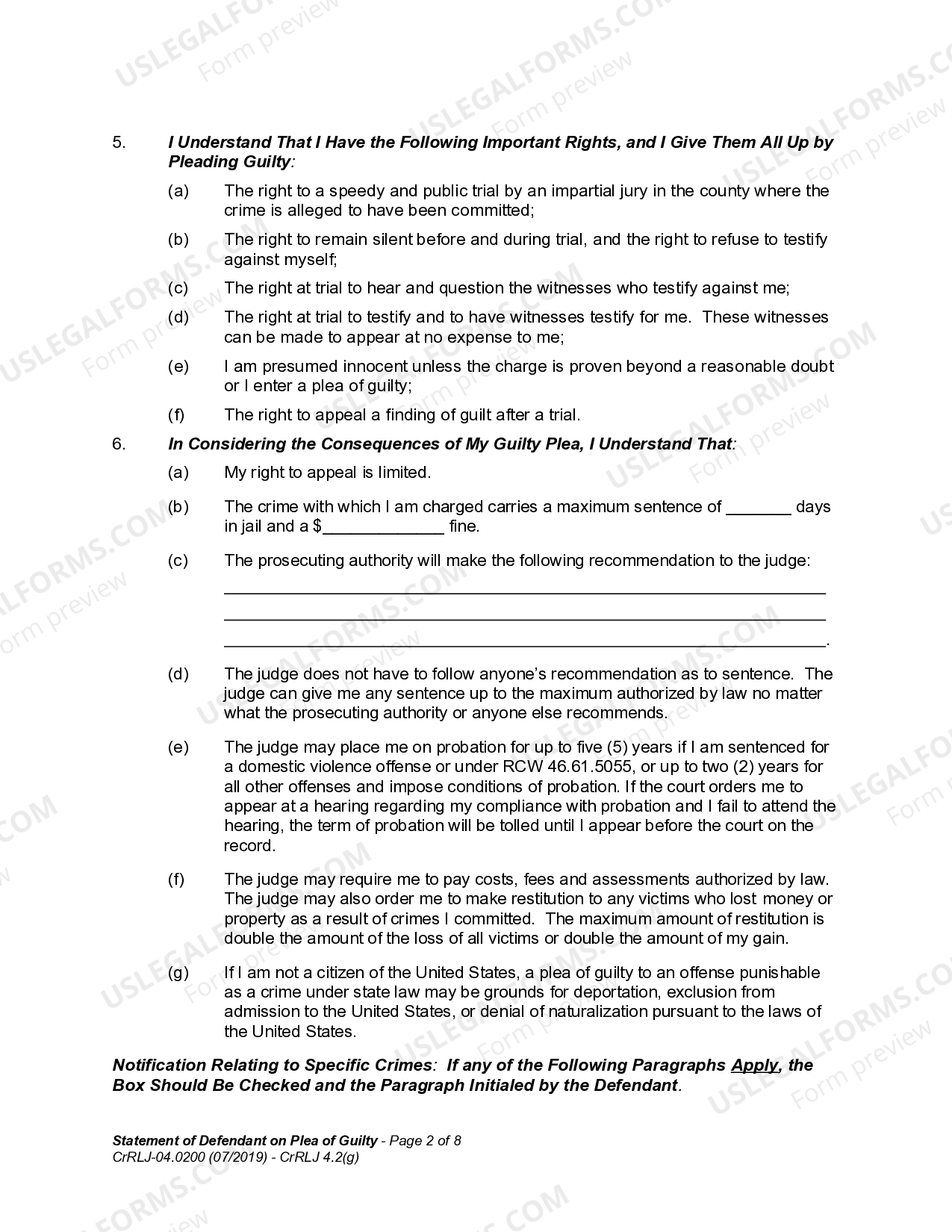 Washington CrRLJ 4.2g - Statement of Defendant on Plea of Guilty | US ...