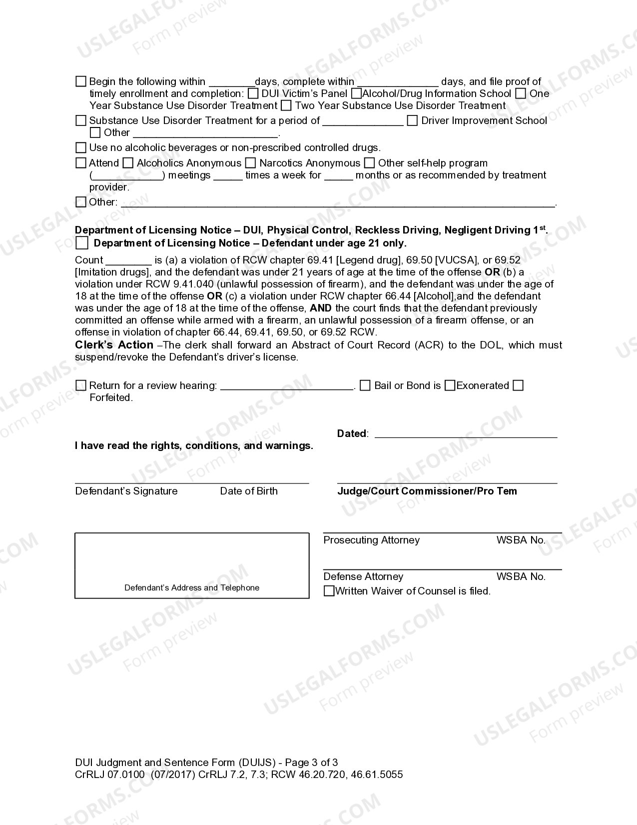 Washington CrRLJ 07.0100 DUI Judgment and Sentence Form (DUIJS) | US ...