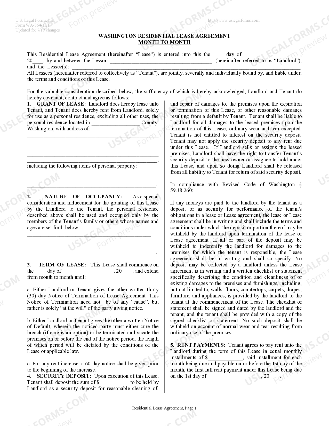 Seattle Washington Residential Lease or Rental Agreement for Month to ...