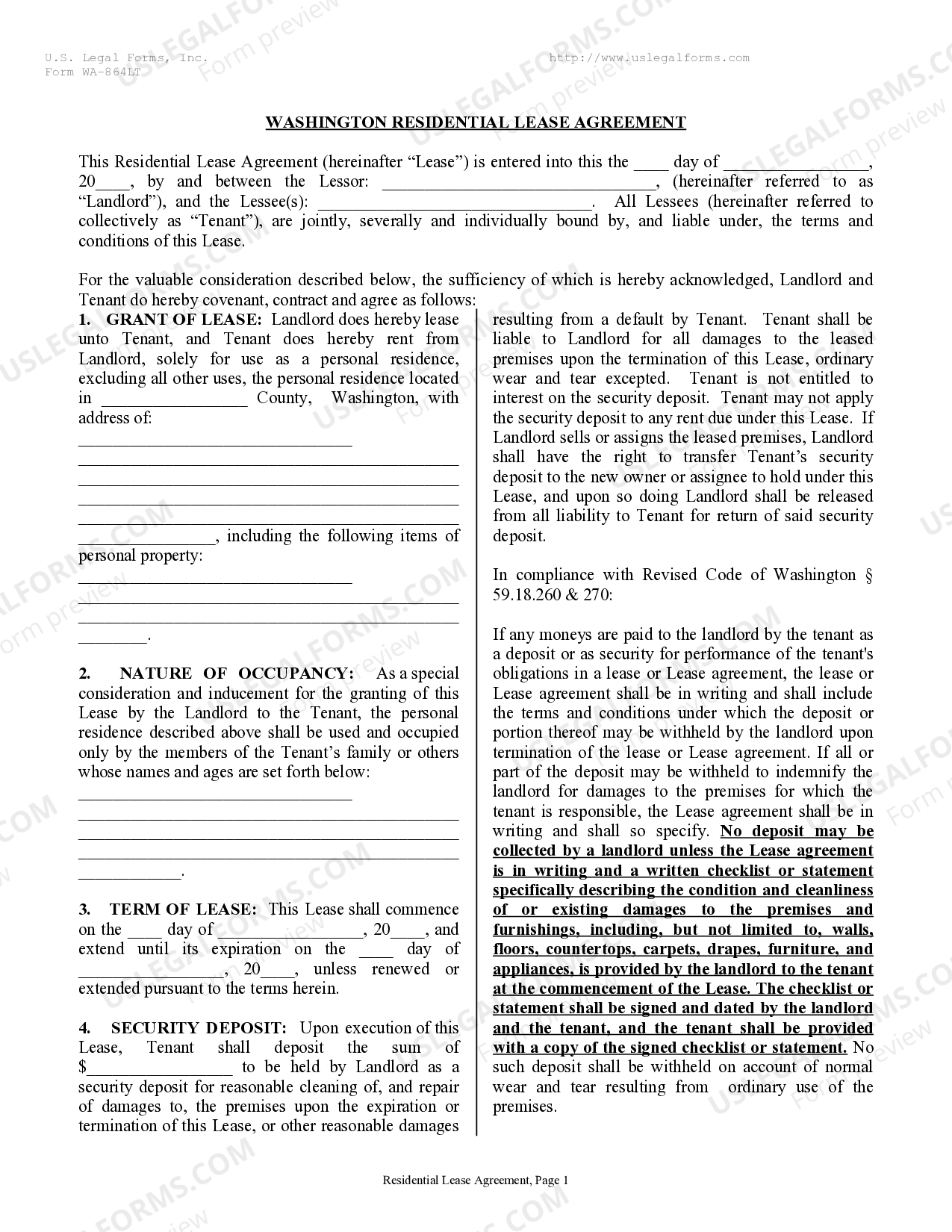 Washington Residential Rental Lease Agreement - Rental Agreement Form ...