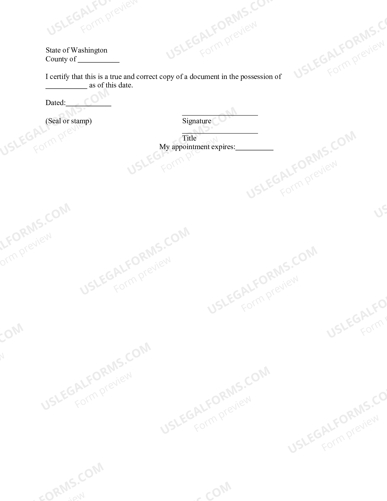 Washington Acknowlegment for Attestation of a Copy of a Document ...