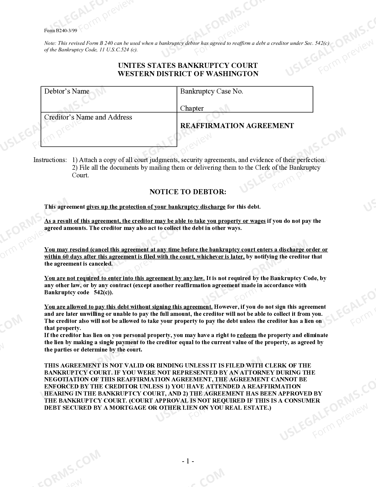 Washington Reaffirmation Agreement | US Legal Forms