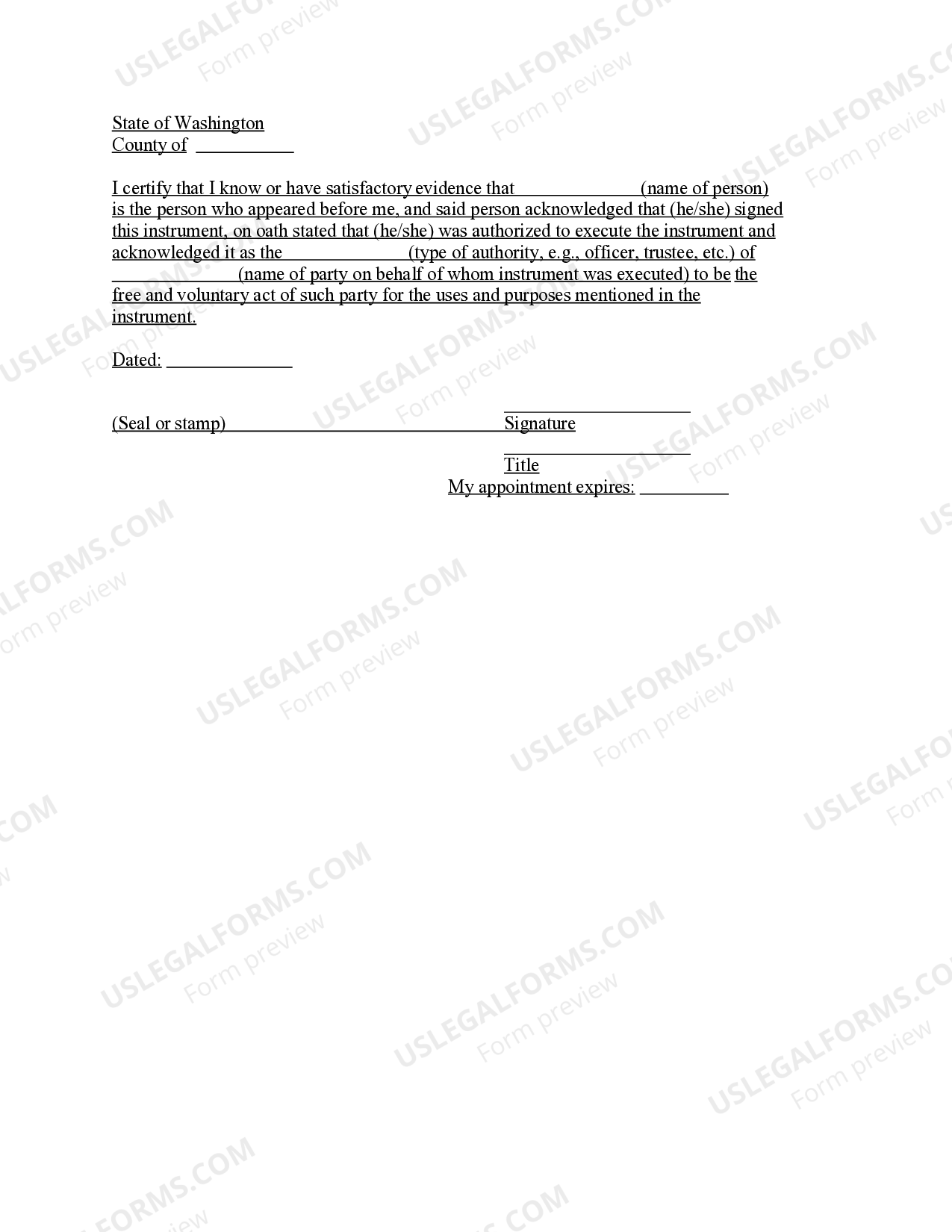 Washington A certificate of acknowledgment for a corporation ...