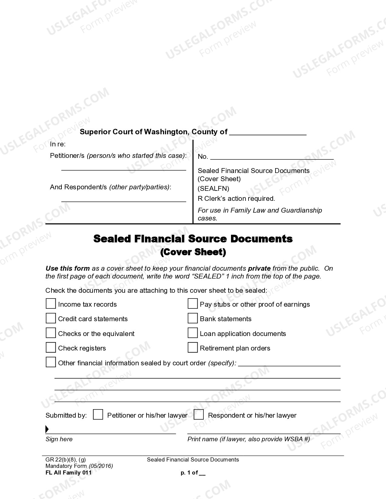 Washington Sealed Financial Source Documents Cover Sheet | US Legal Forms