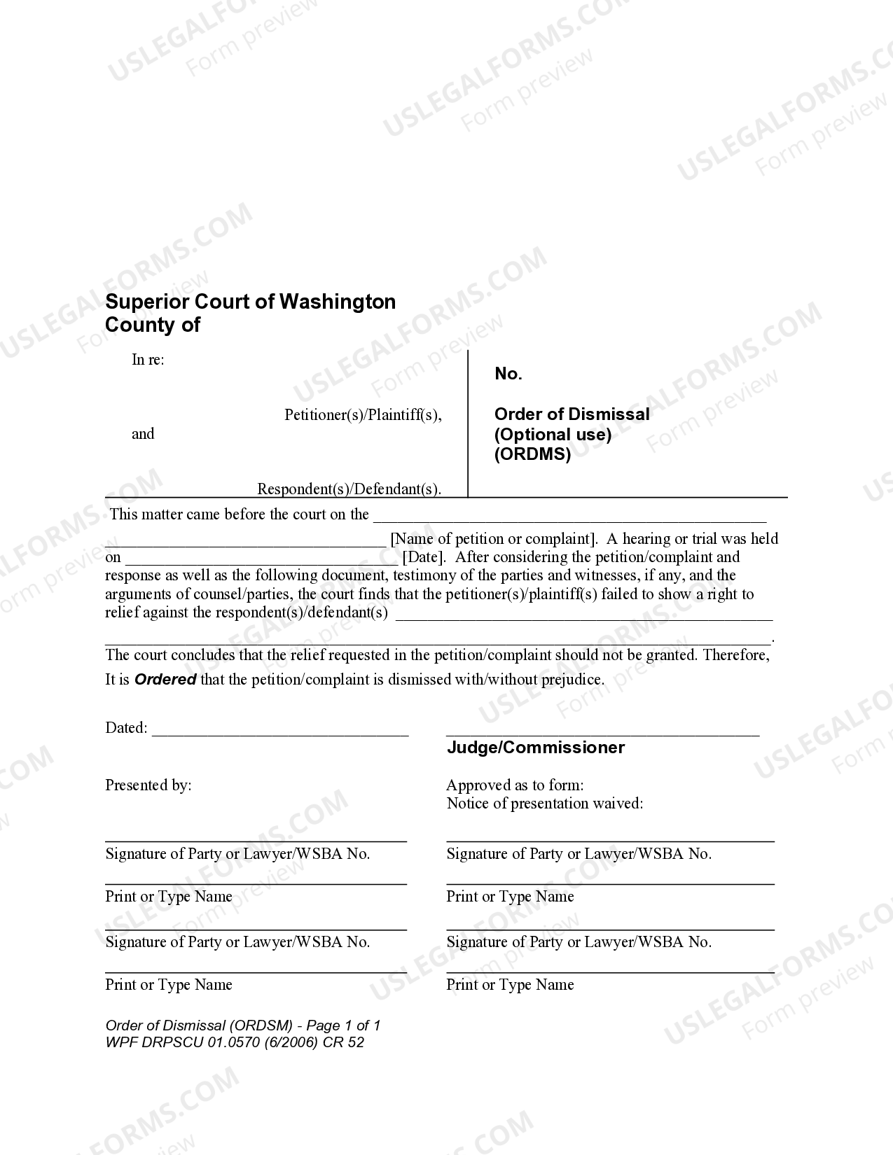 Washington WPF DRPSCU 01.0570 - Order of Dismissal | US Legal Forms