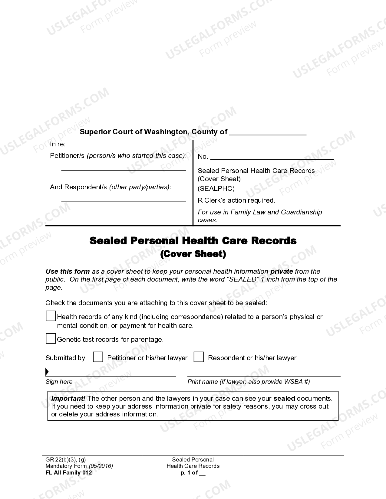 Washington WPF DRPSCU 09.0260 - Sealed Personal Health Care Records ...