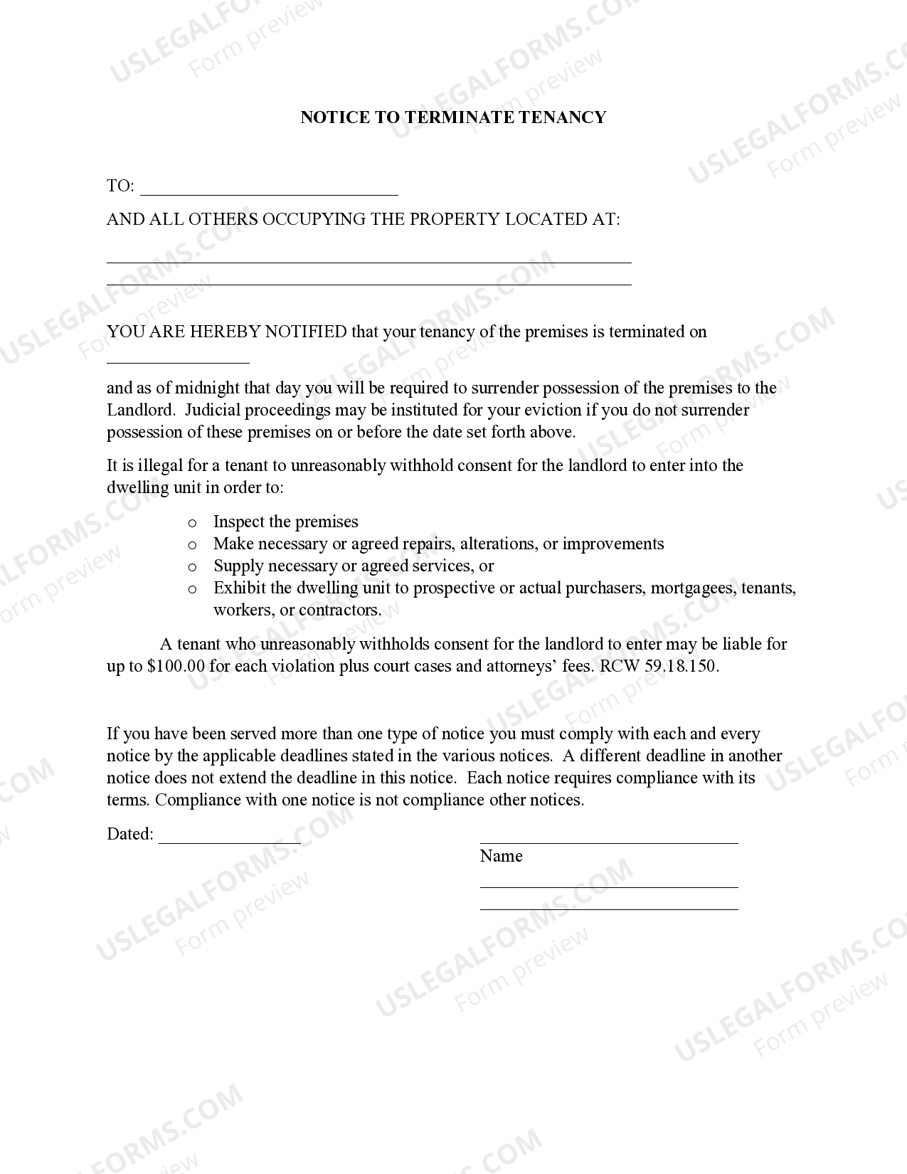 Washington Notice to Terminate Tenancy | US Legal Forms