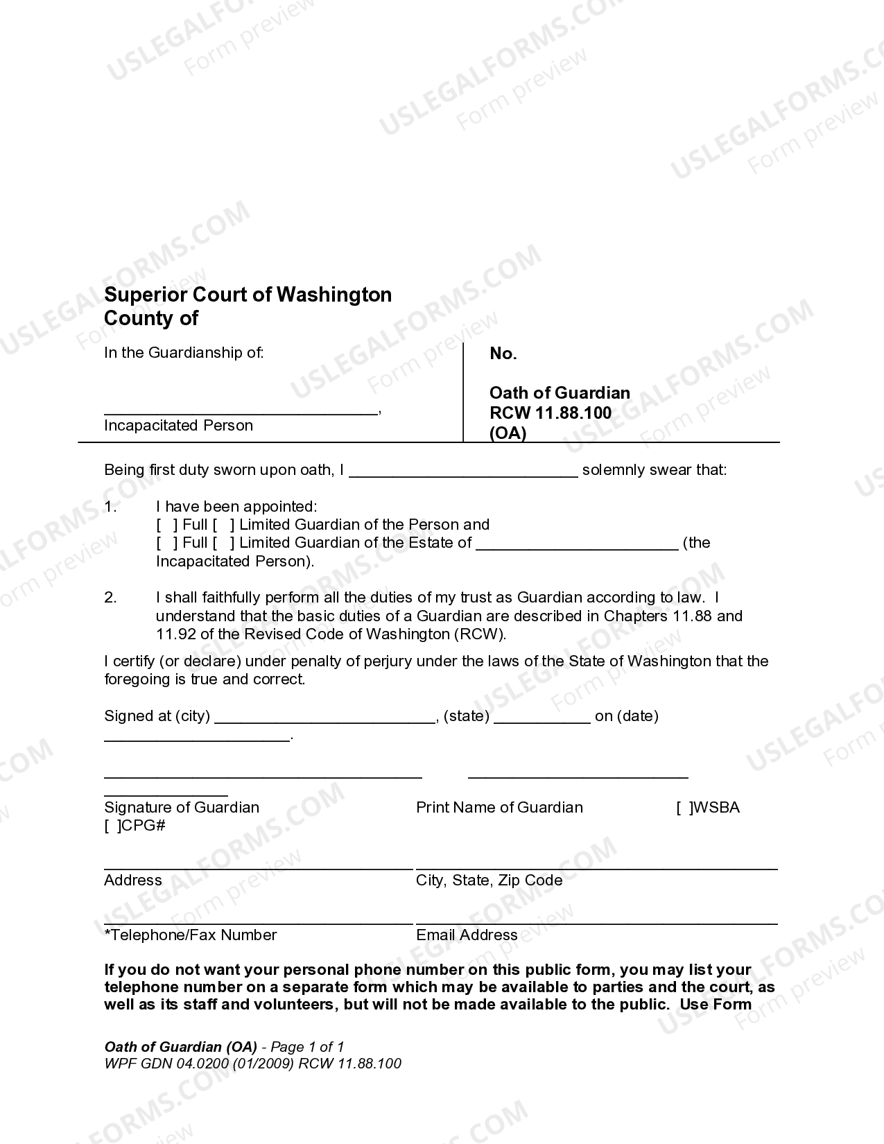 Washington Oath of Guardian | US Legal Forms