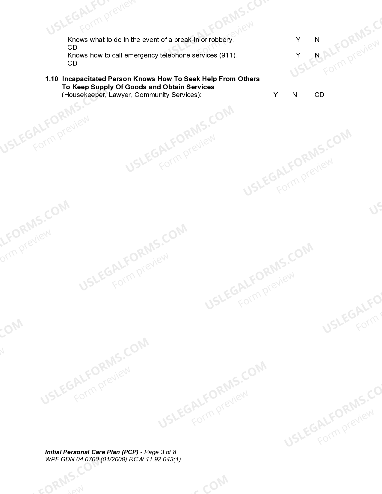 Washington Initial Personal Care Plan - PCP | US Legal Forms