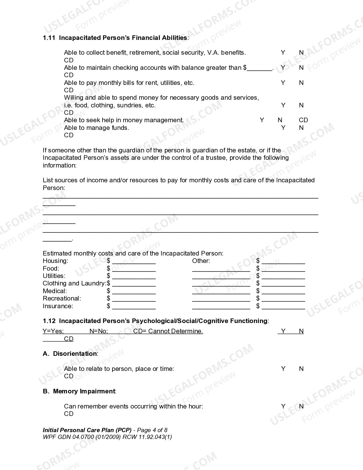 Washington Initial Personal Care Plan - PCP | US Legal Forms