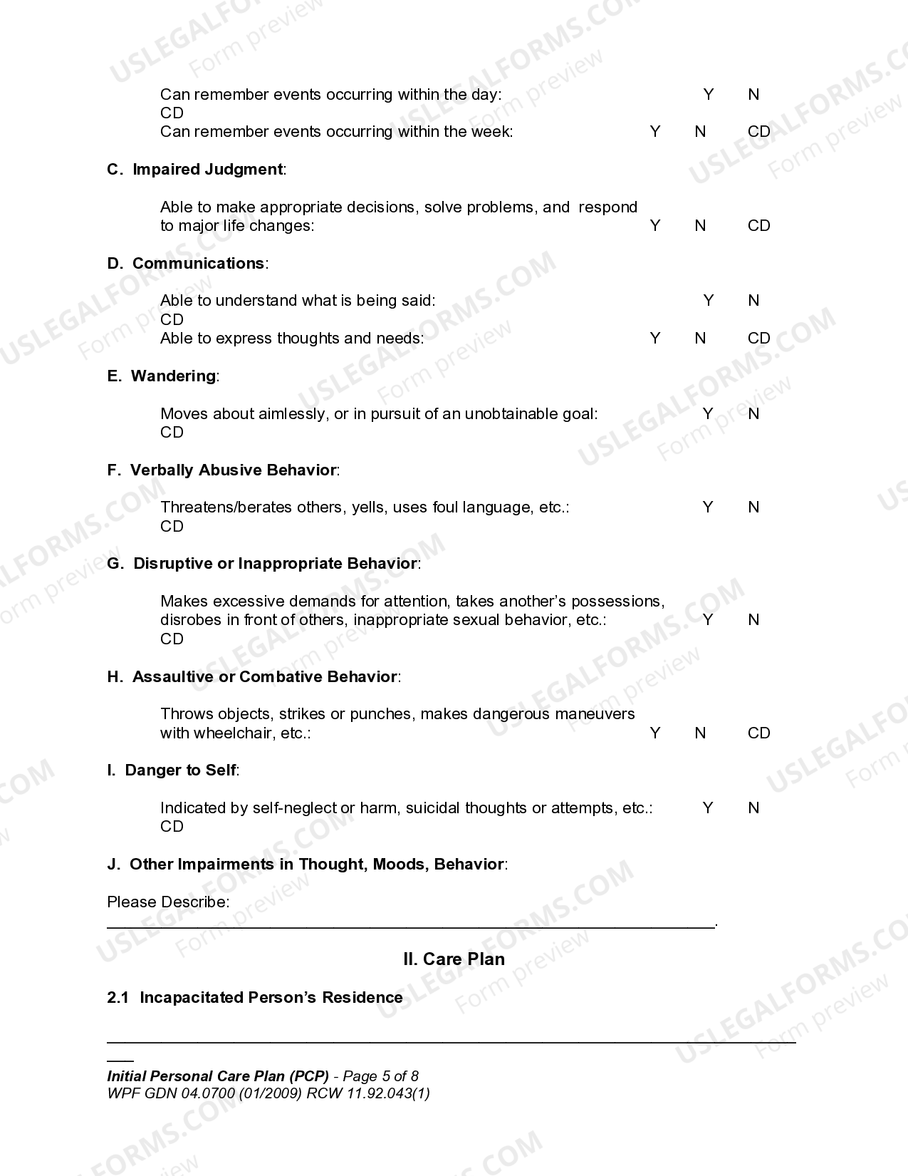 Washington Initial Personal Care Plan - PCP | US Legal Forms