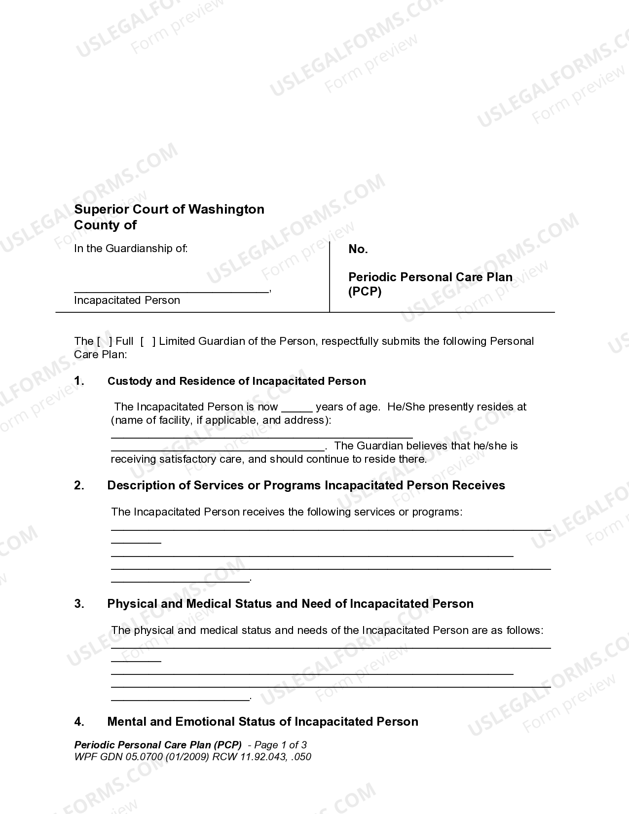 Washington Periodic Personal Care Plan - PCP | US Legal Forms
