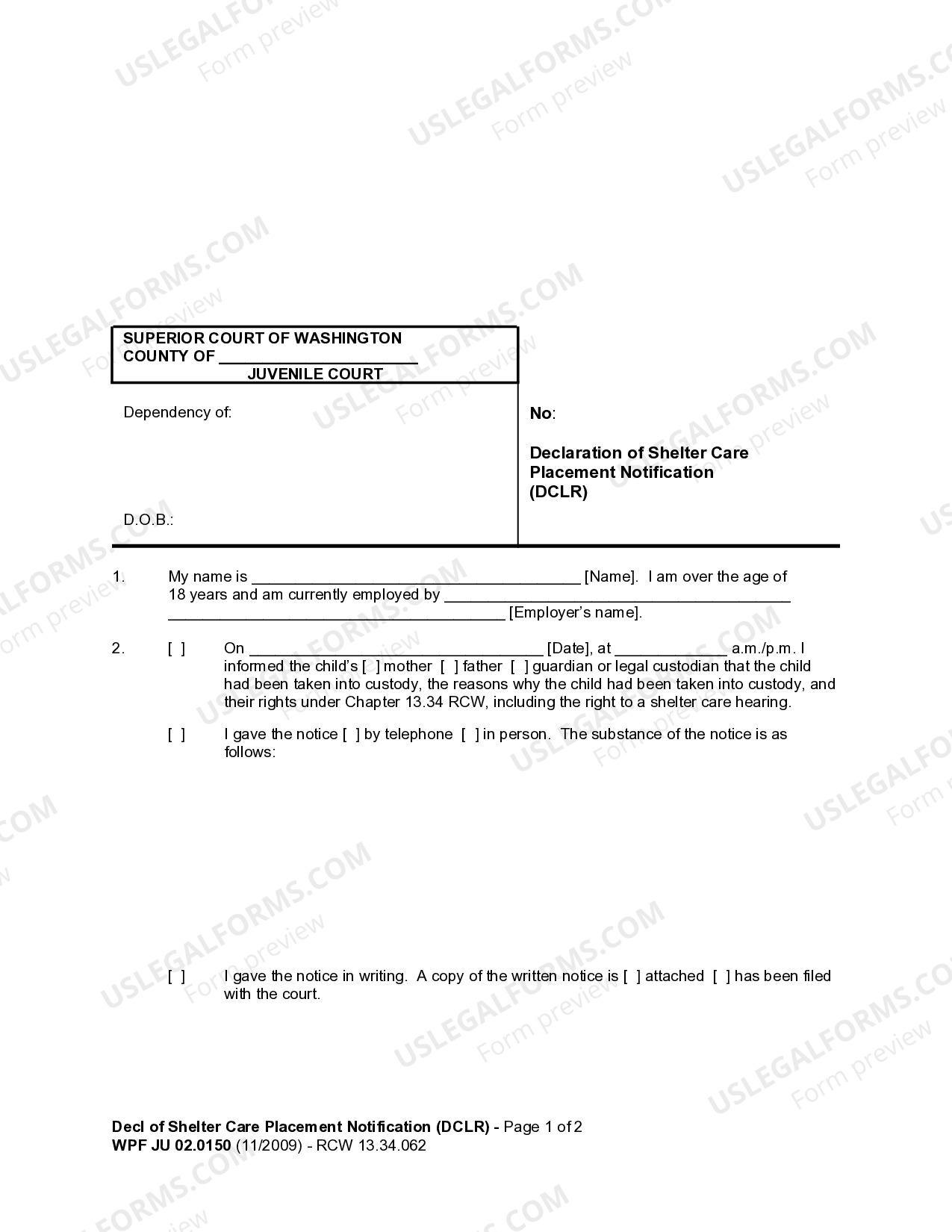 Washington JU 02.0150 - Declaration of Shelter Care Placement ...