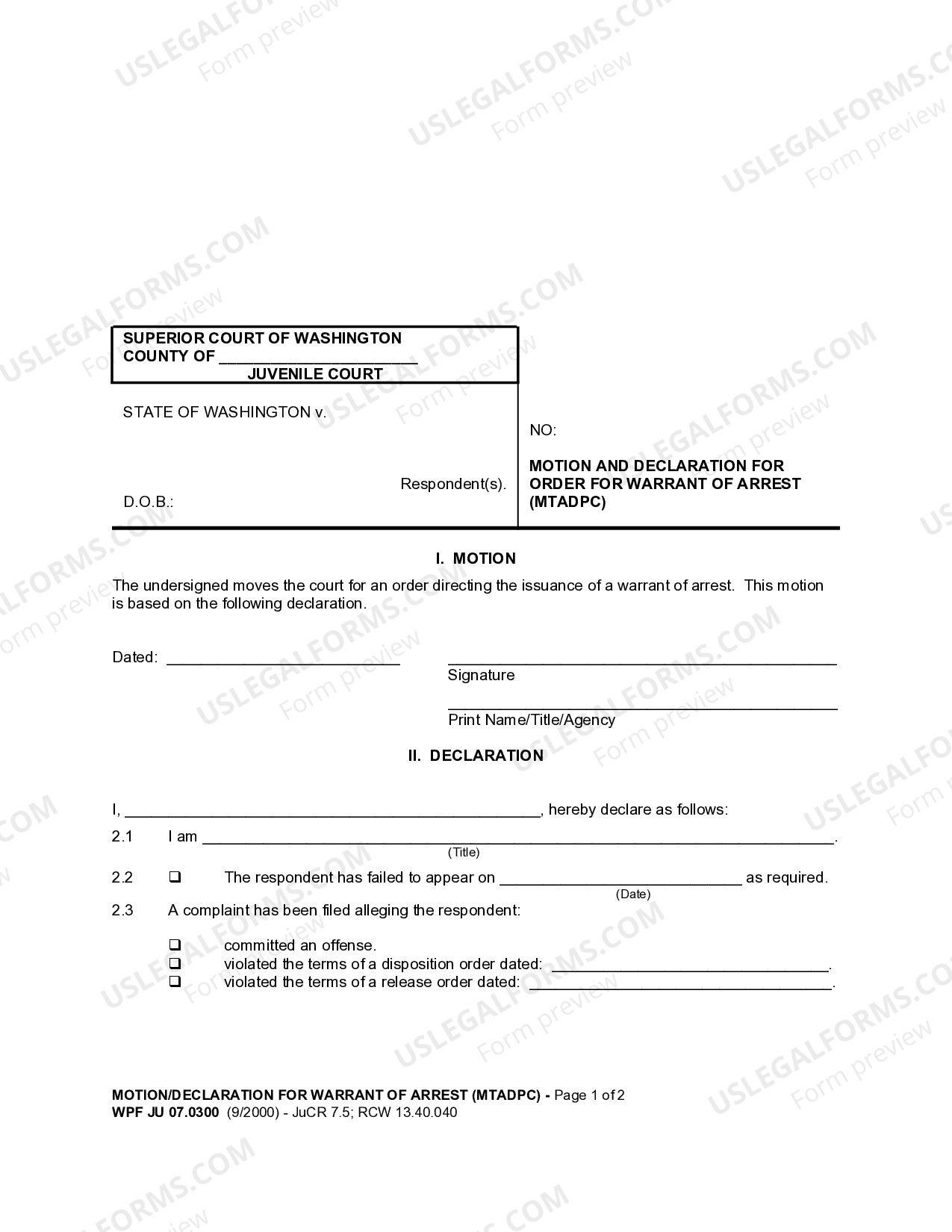 Washington JU 07.0300 - Motion and Declaration for Order for Warrant of ...