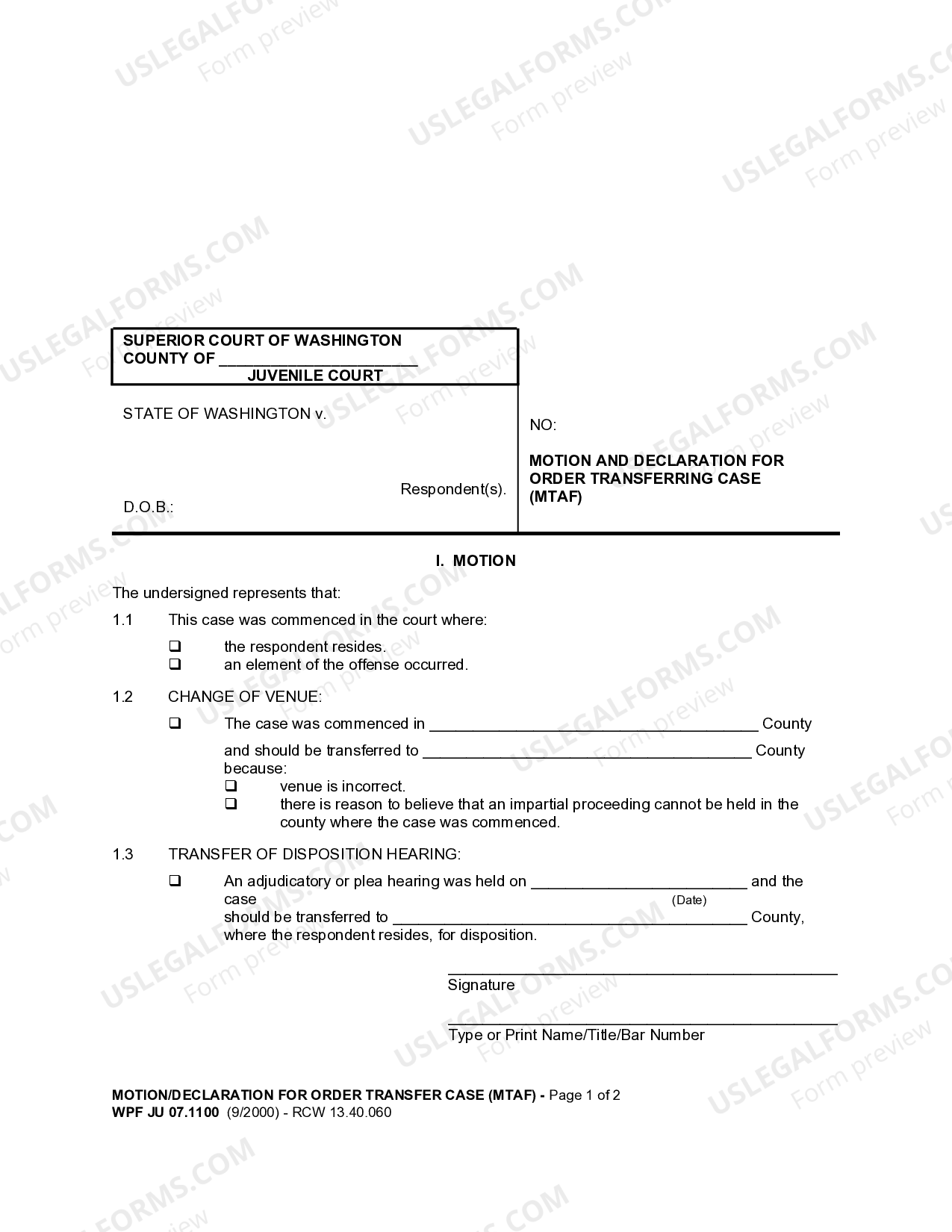 Washington JU 07.1100 - Motion and Declaration for Order Transferring Case | US Legal Forms
