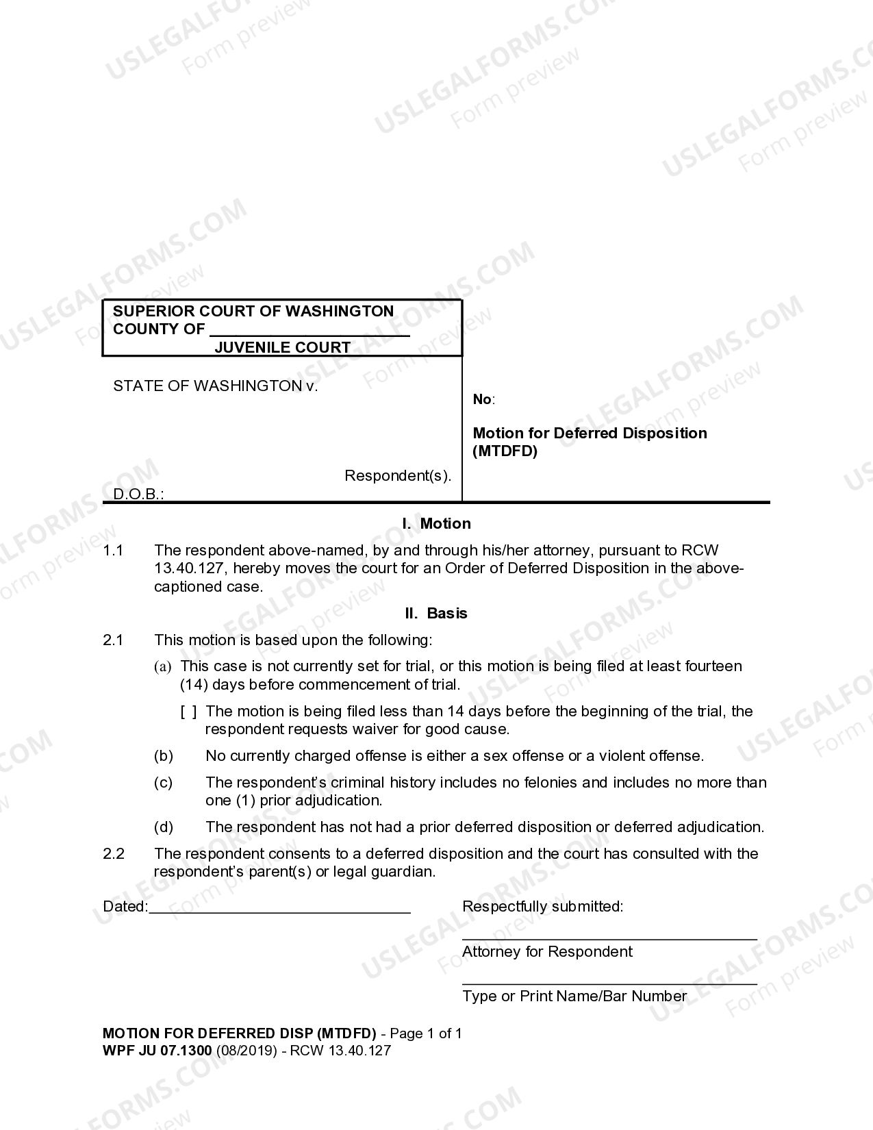 Washington JU 07.1300 - Motion for Deferred Disposition | US Legal Forms