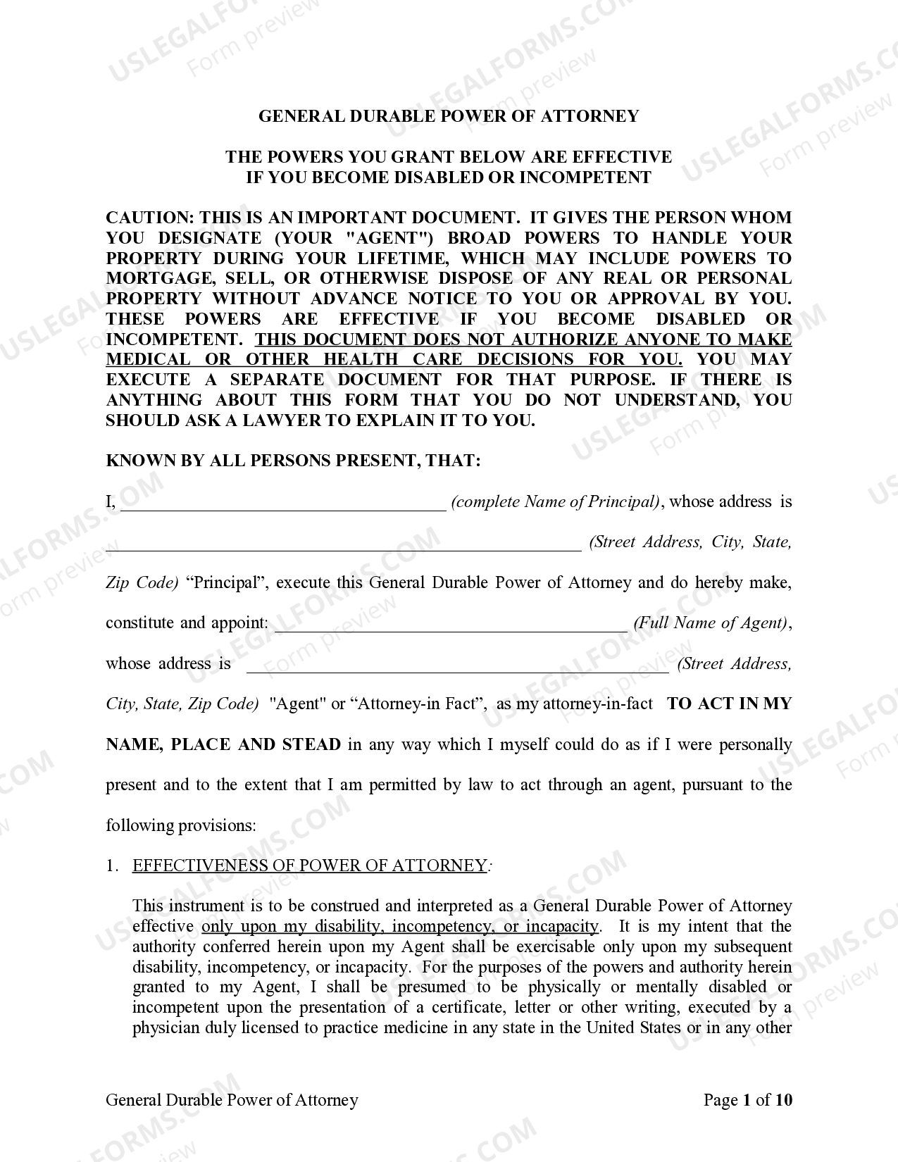 Washington General Durable Power of Attorney for Property and Finances ...