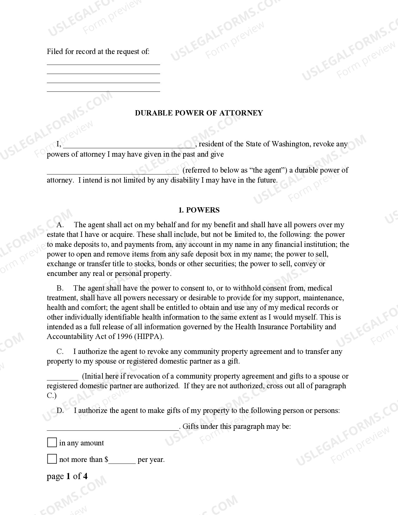 Washington Durable Power of Attorney with Limited Purpose Power of ...