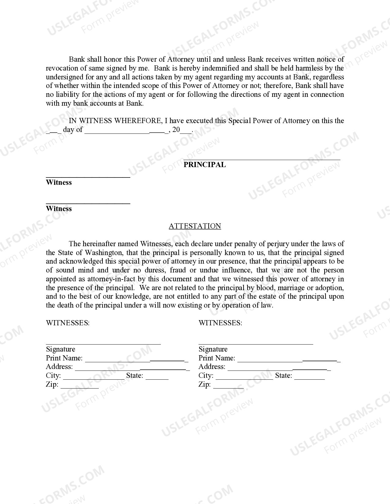 Washington Special Durable Power of Attorney for Bank Account Matters ...