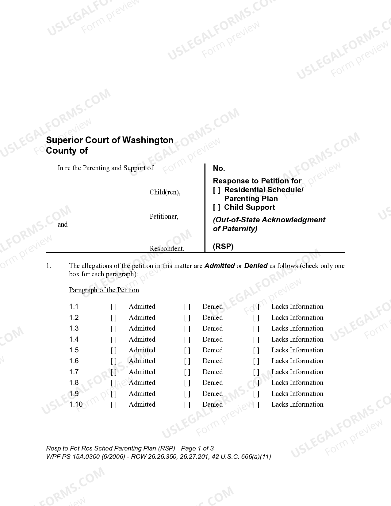 Washington WPF PS 15A.0300 - Response to Petition for Residential Schedule - Parenting Plan ...