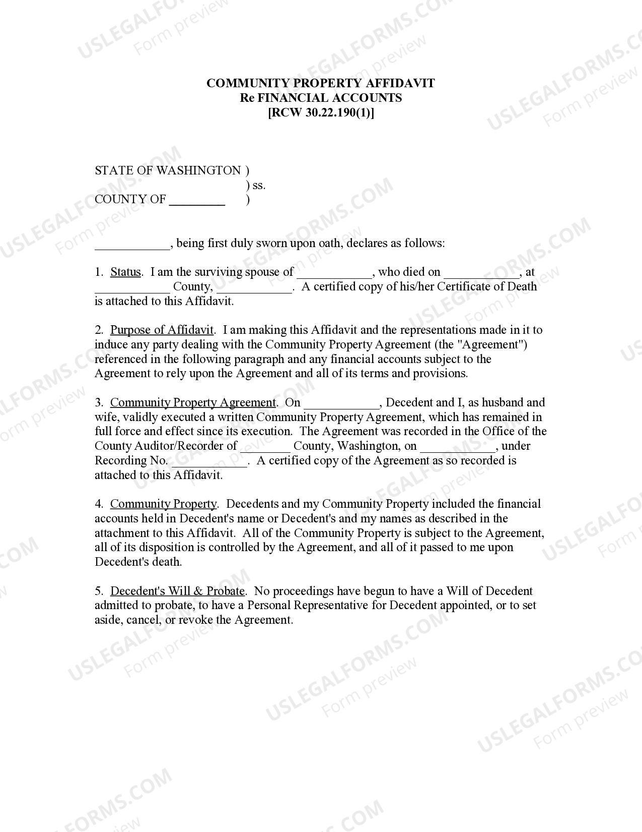 Washington Community Property Affidavit Re Financial Accounts | US ...