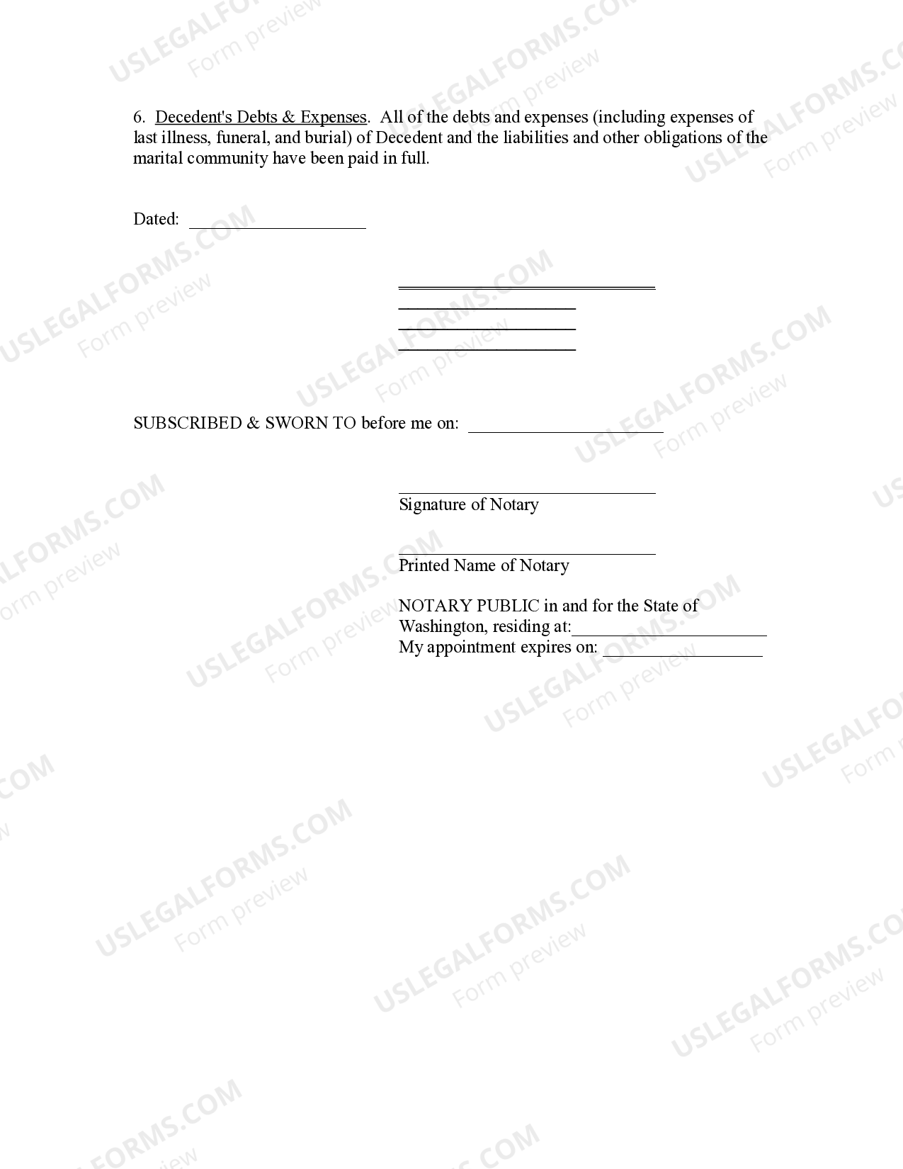 Washington Community Property Affidavit Re Financial Accounts | US ...