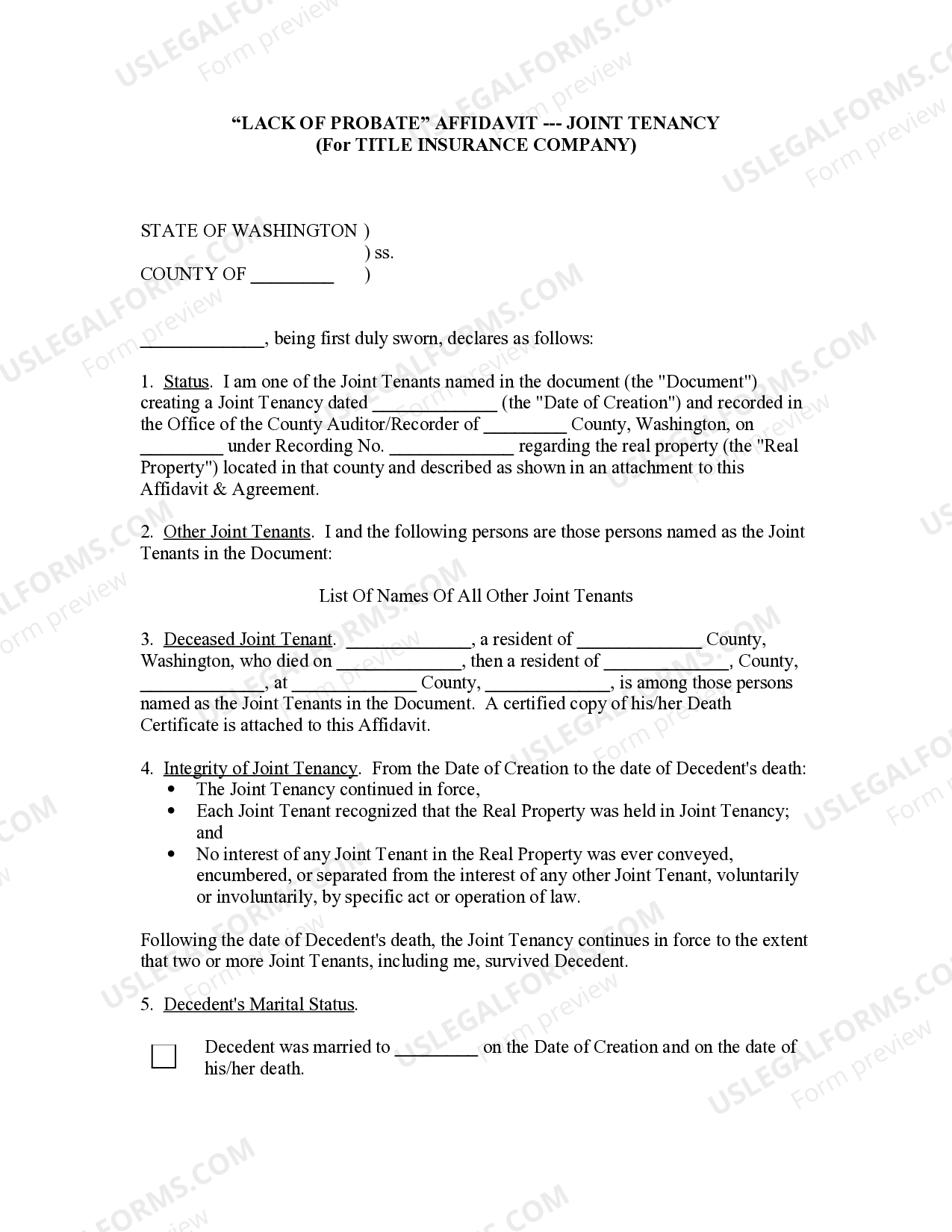Washington Lack of Probate" Affidavit- Joint Tenancy | US Legal Forms