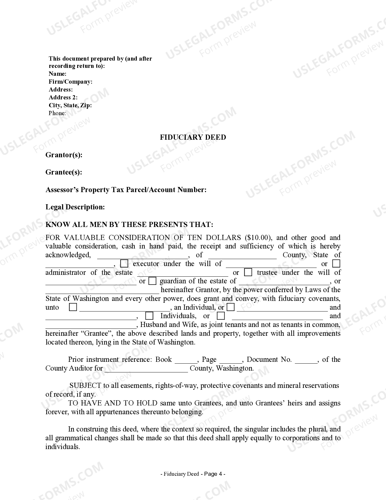 Washington Fiduciary Deed for use by Executors, Trustees, Trustors ...