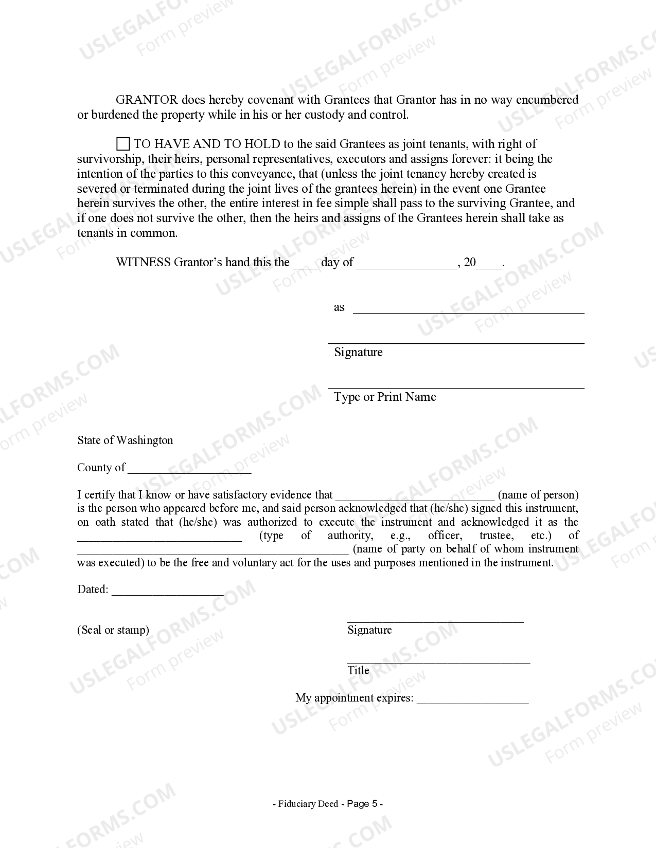 Washington Fiduciary Deed for use by Executors, Trustees, Trustors ...