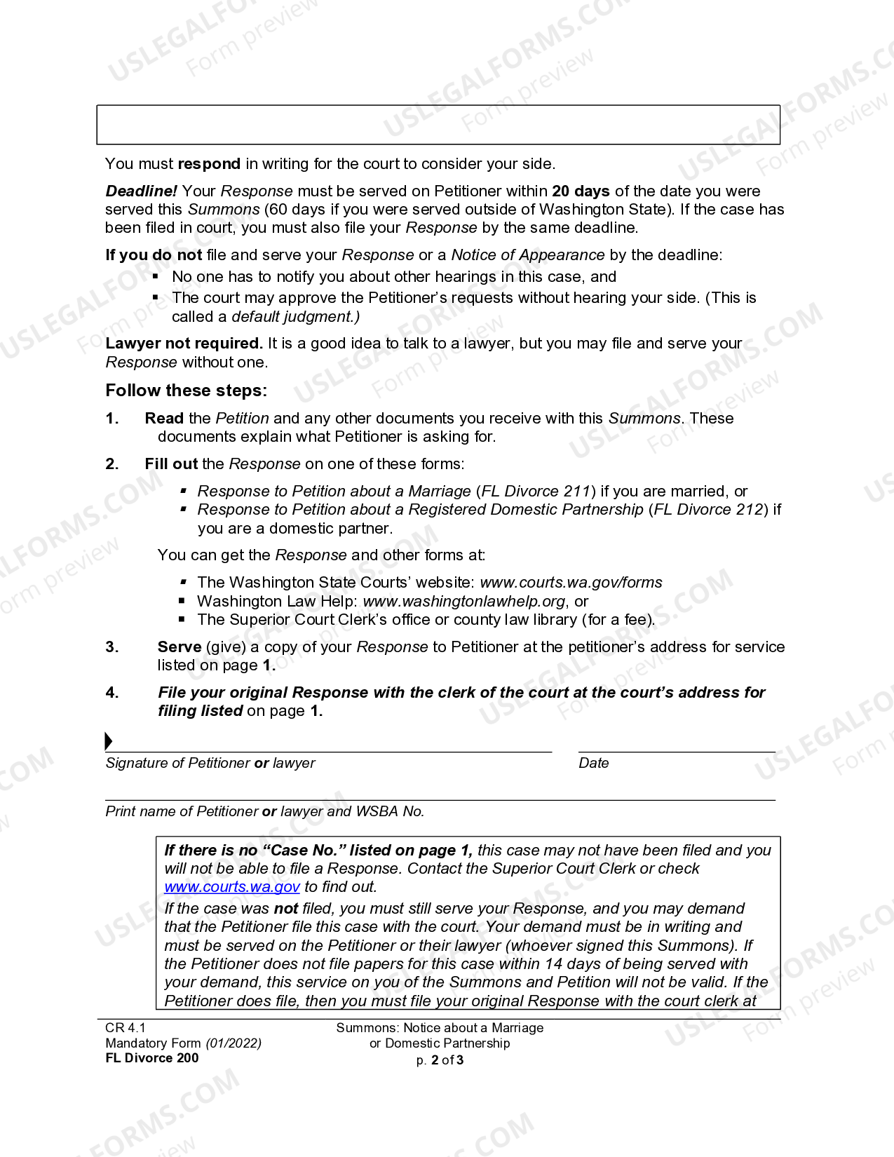 Washington Summons Notice About a Marriage or Domestic Partnership | US ...