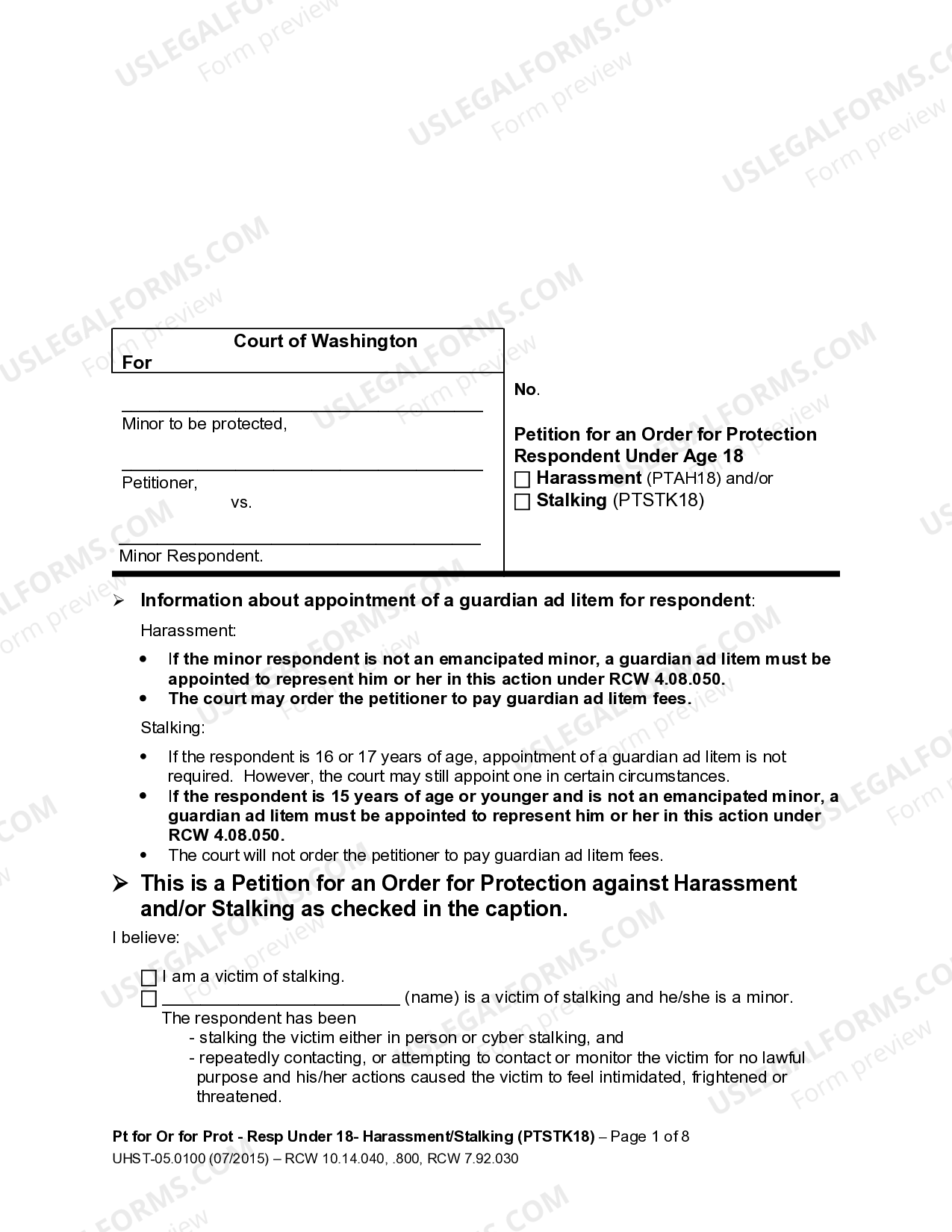 Washington Petition for an Order for Protection - Respondent Under Age ...