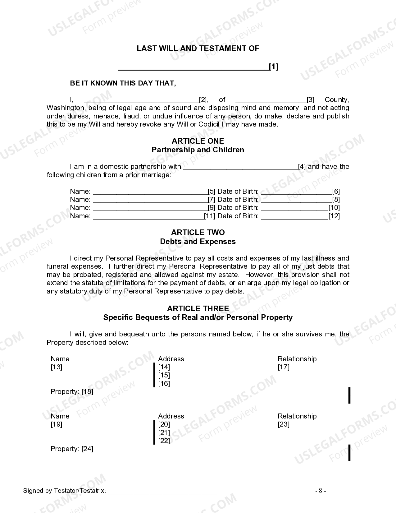 Washington Legal Last Will And Testament Form For Domestic Partner With