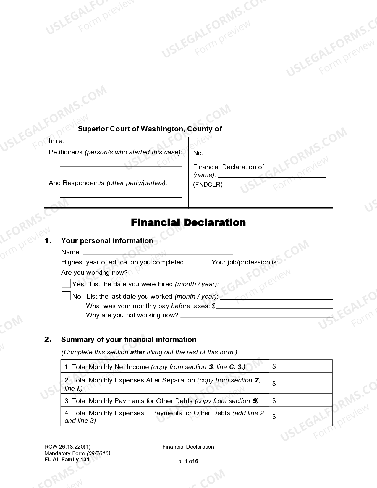 Washington Financial Declaration - Financial Declaration Form ...