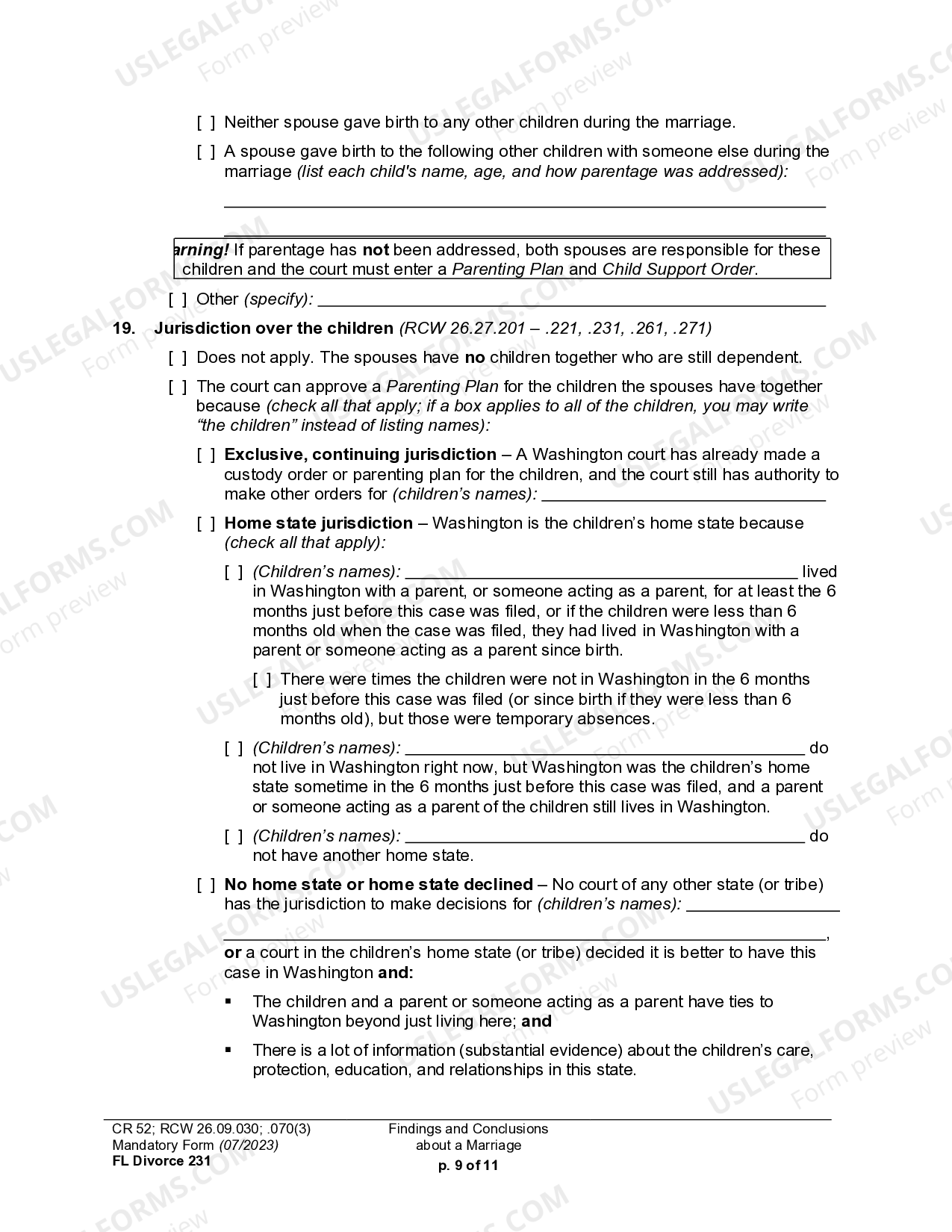 Washington Findings of Fact and Conclusions of Law - With or Without ...