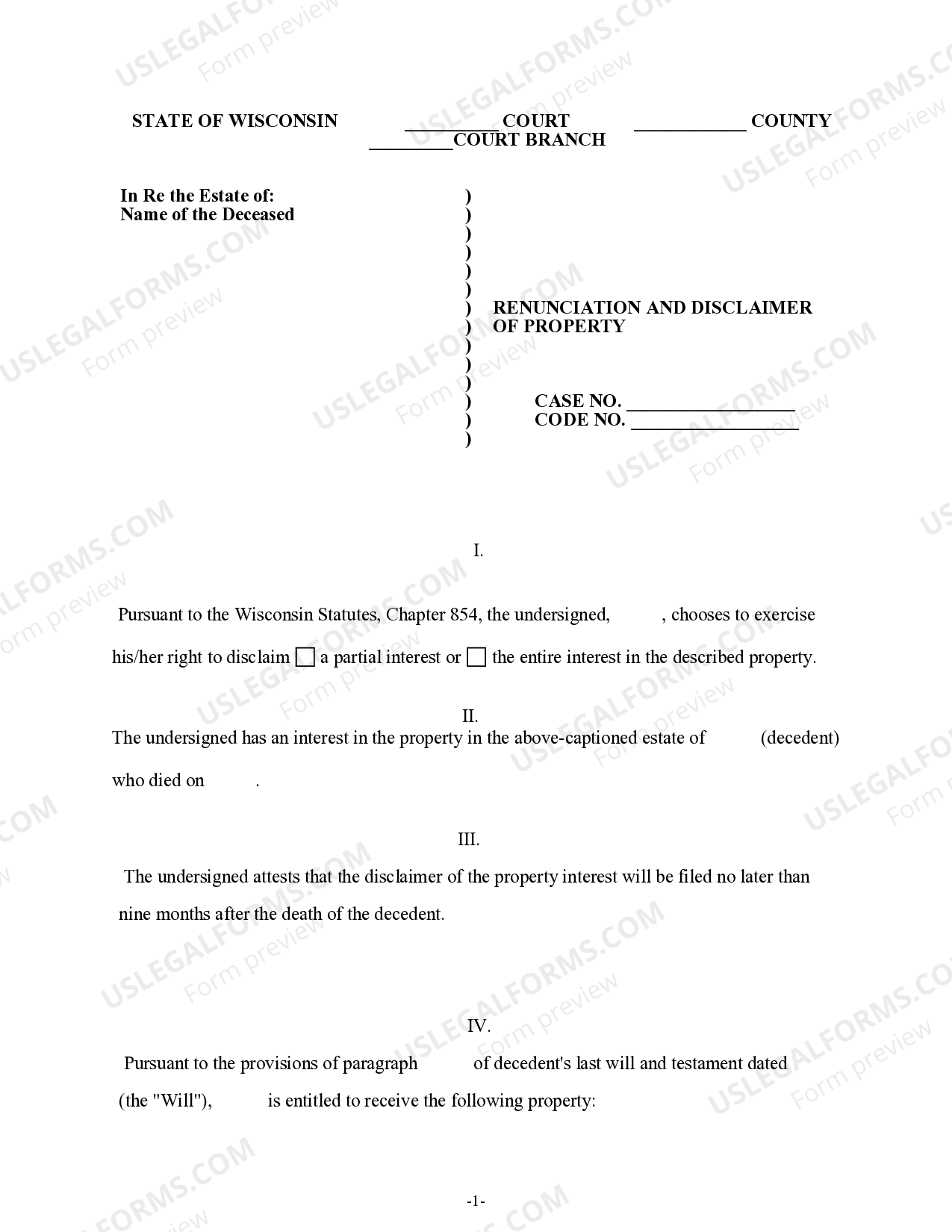 Wisconsin Renunciation And Disclaimer of Property from Will by Testate ...