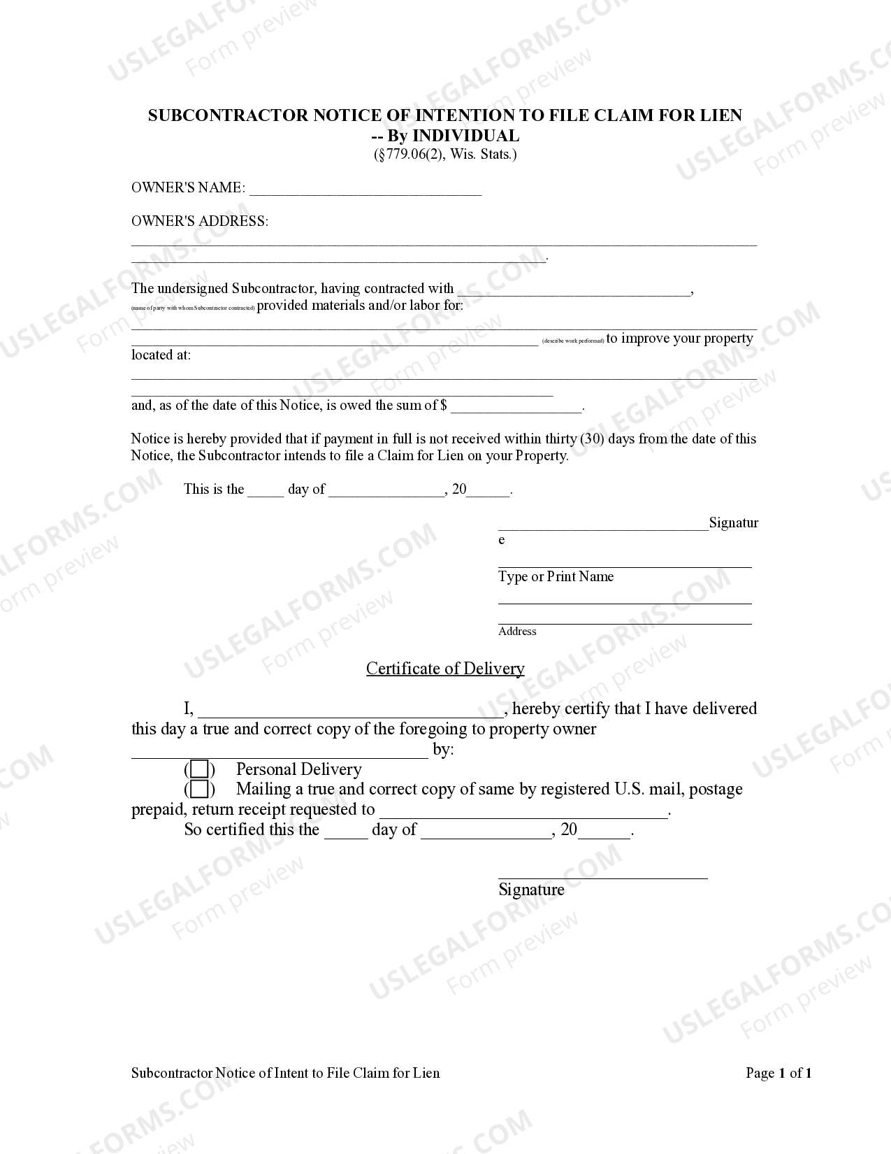 Wisconsin Subcontractor's Notice of Intent to File Claim of Lien by ...