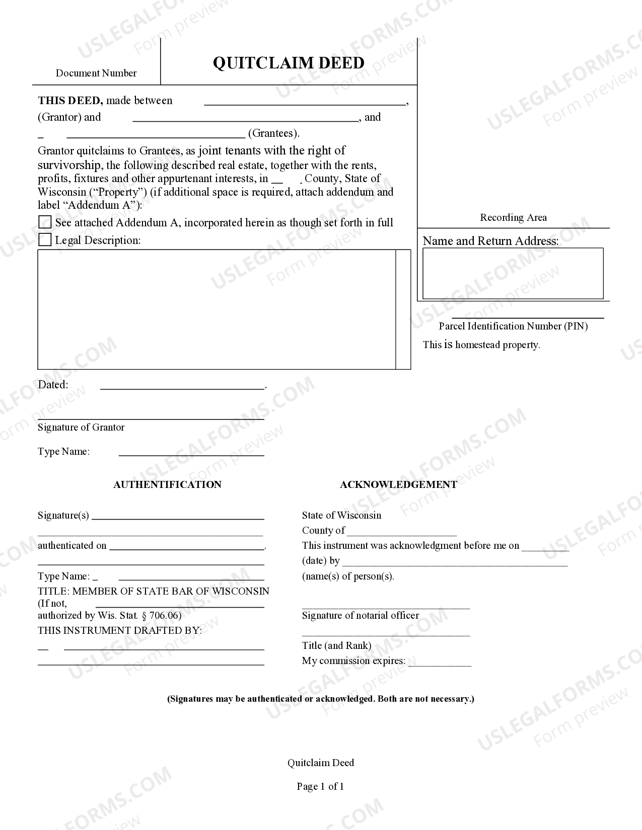 Wisconsin Quitclaim Deed - One Individual to Two Individuals - Quit ...