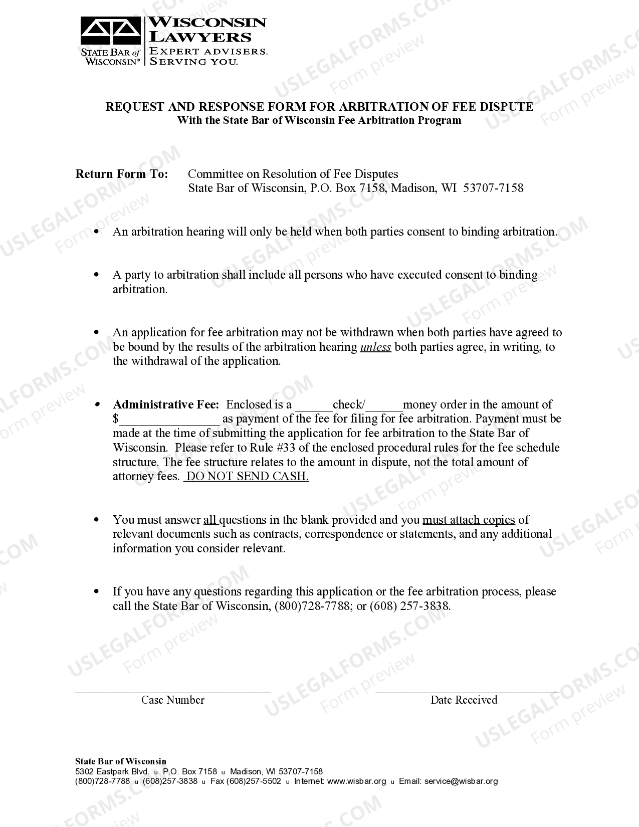 Wisconsin Request and Response Form for Arbitration of Fee Dispute | US ...
