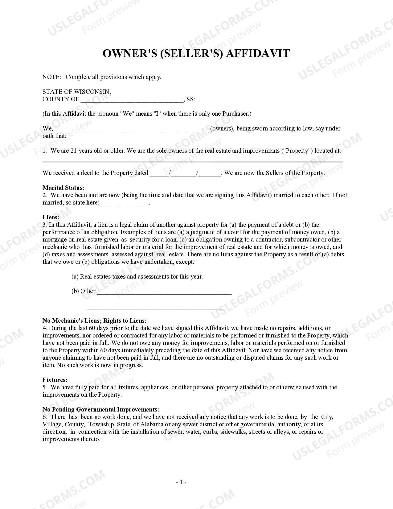 Wisconsin Owner's or Seller's Affidavit of No Liens | US Legal Forms