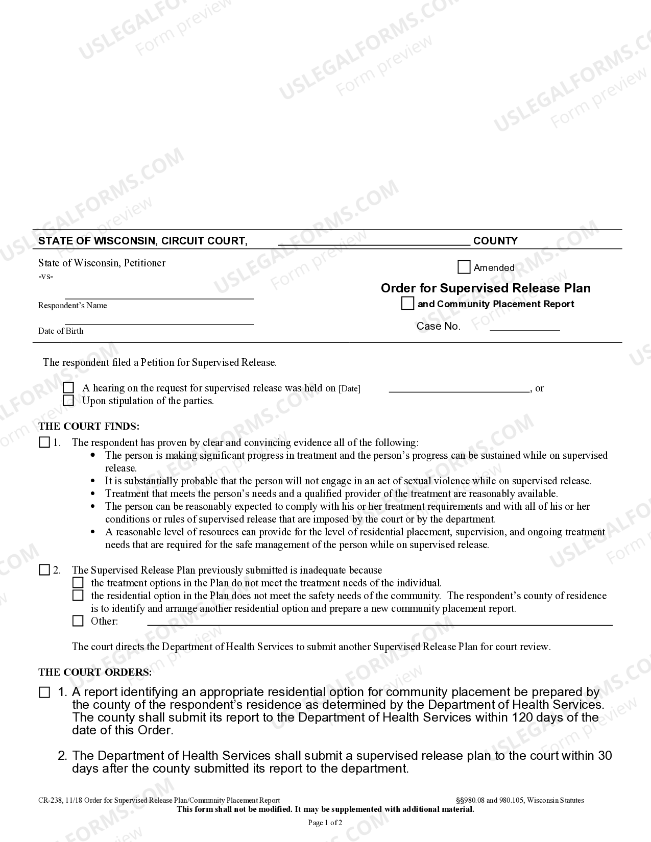 Wisconsin Order for Supervised Release Plan | US Legal Forms