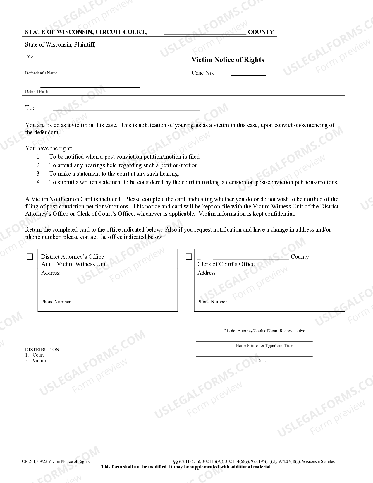 Wisconsin Victim Notice of Rights | US Legal Forms